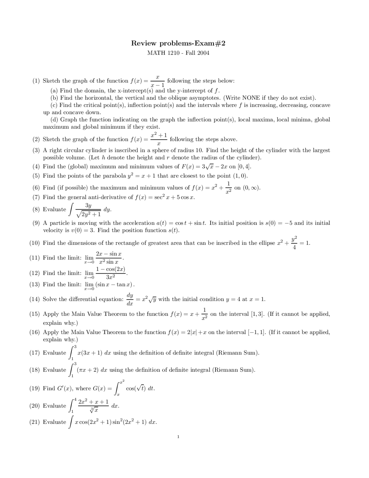 Review Problems for Examination 2 - Calculus I | MATH 1210 - Docsity