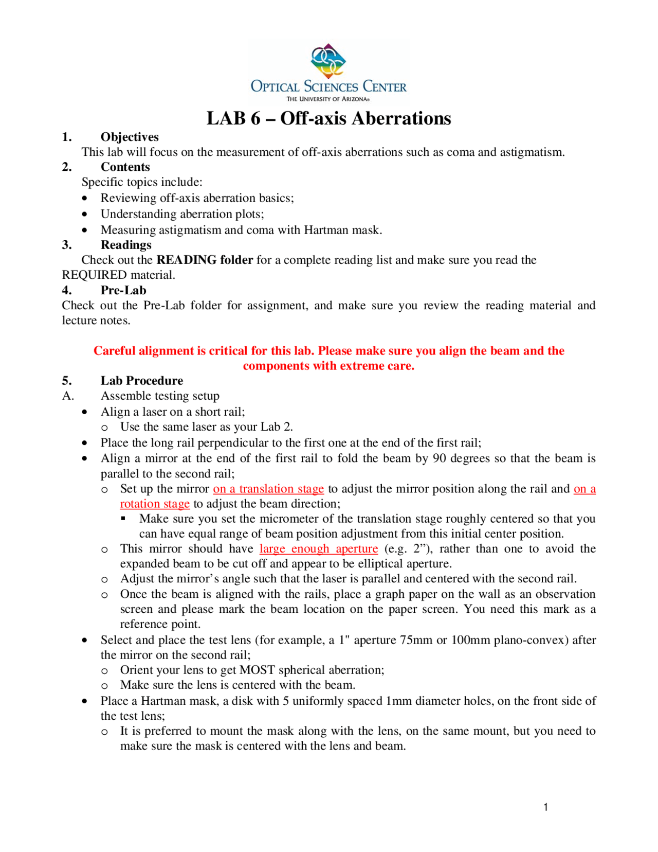 Laboratory 6 Off Axis Aberrations Opti 471a Docsity