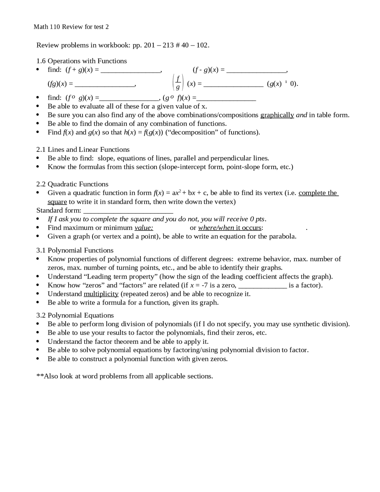 College Algebra - Review Sheet for Exam 2 | MATH 110 | Exams Algebra ...