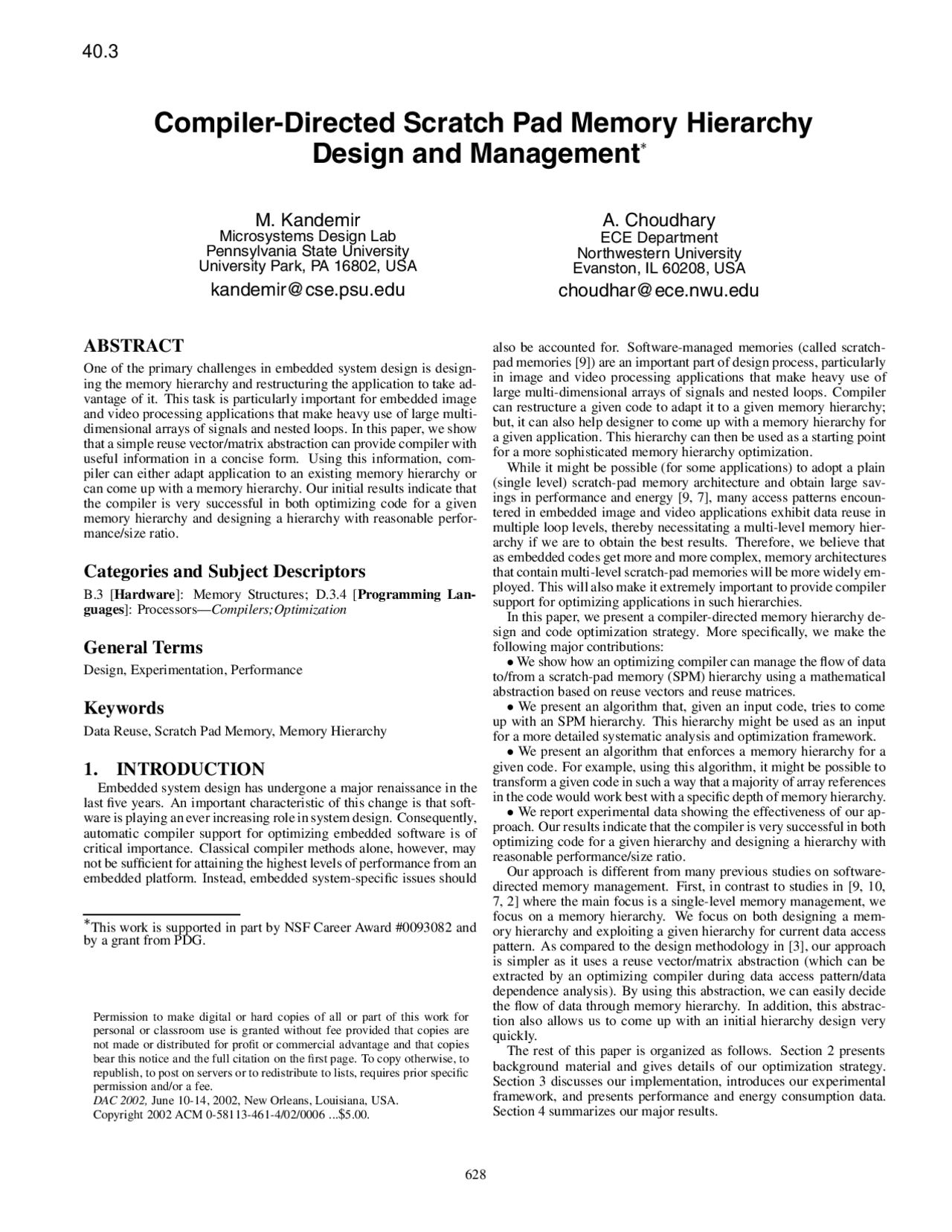 Compiler Directed Scratch Pad Memory Hierarchy Design And Management Ece 253 Docsity