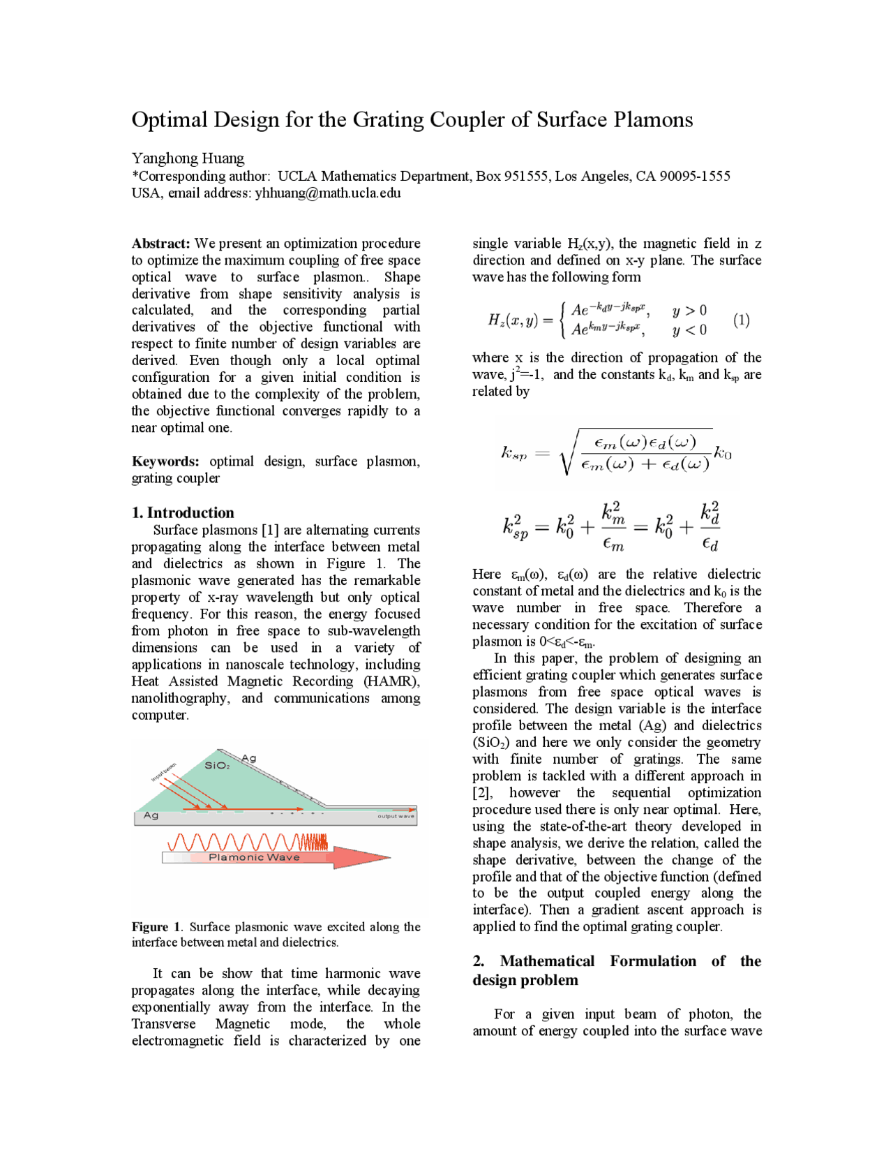 Optimal Design for the Grating Coupler of Surface Plasmons | MATH 0209A - Docsity