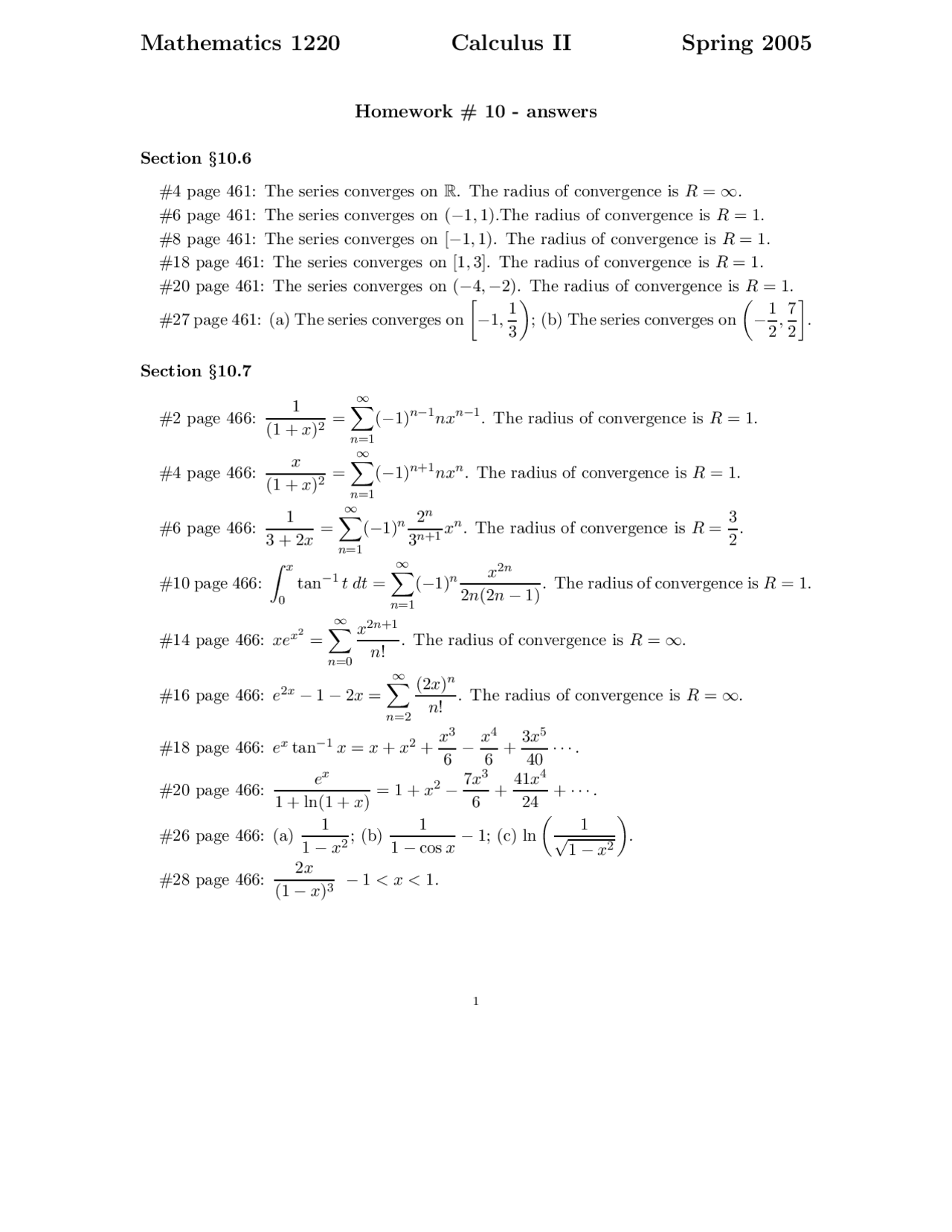 Homework 10 with Answers | Calculus II | MATH 1220 - Docsity