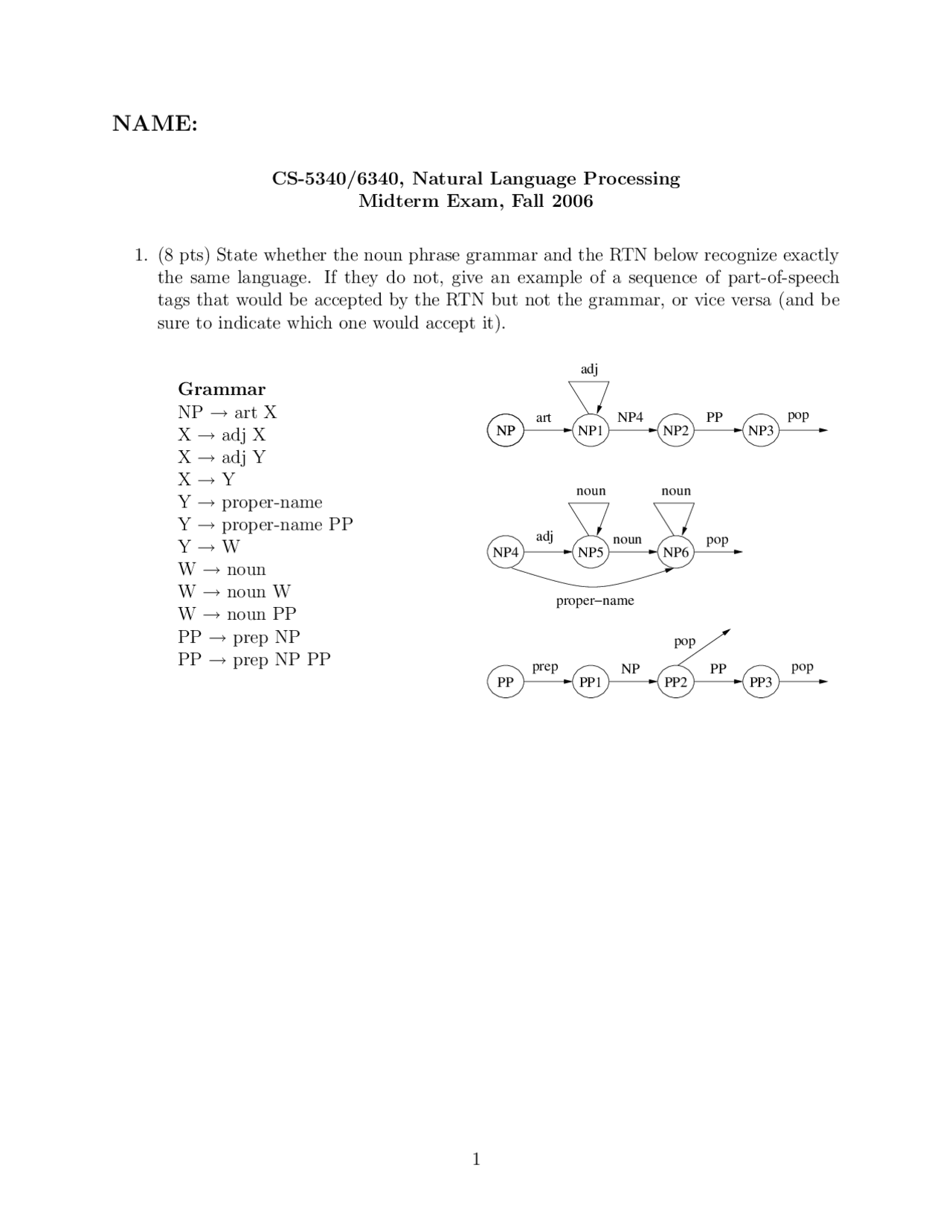 Midterm Exam For Natural Language Processing Cs 5340 Docsity