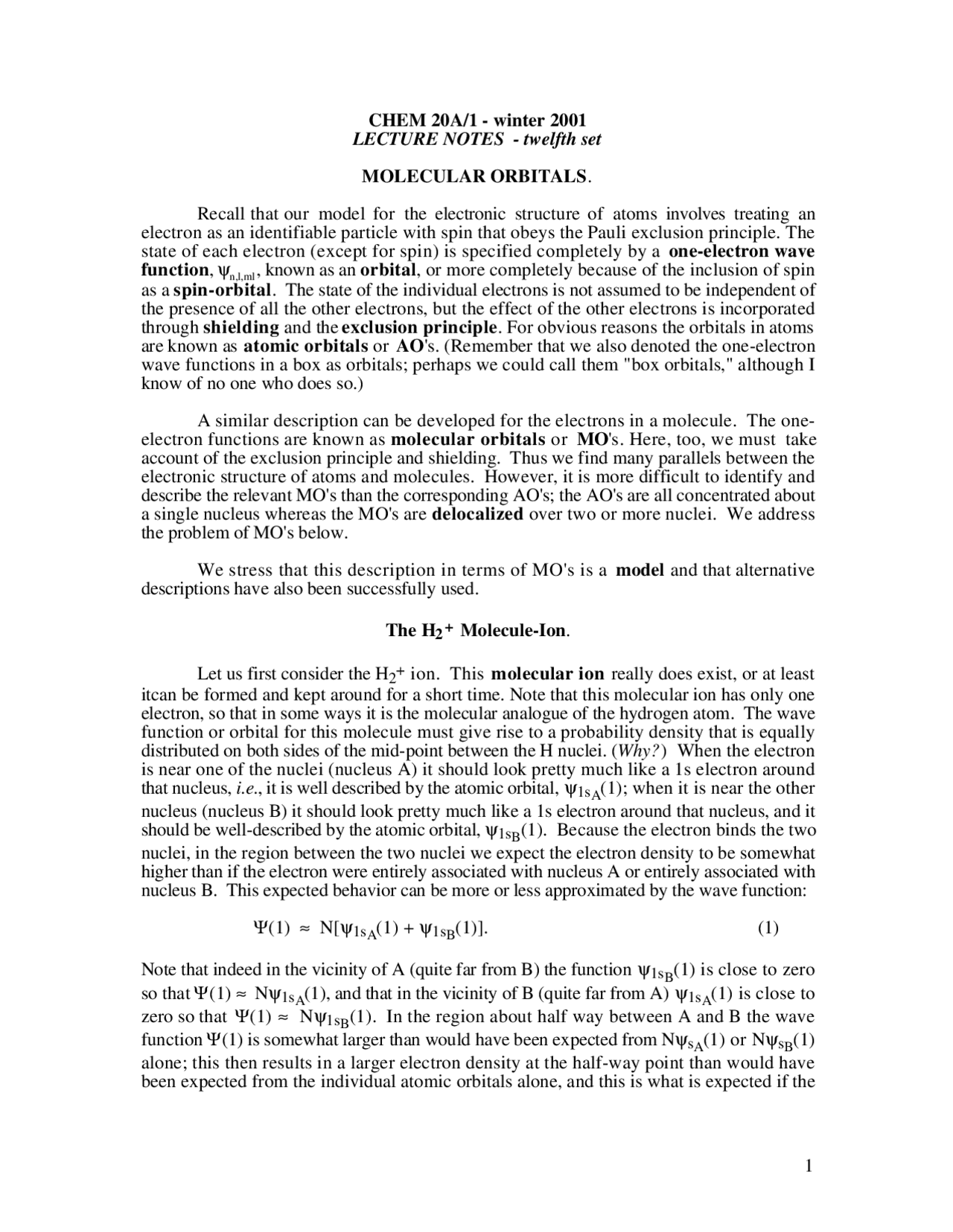 Molecular Orbitals Of Chemical Structure Lecture Notes Chem 20a