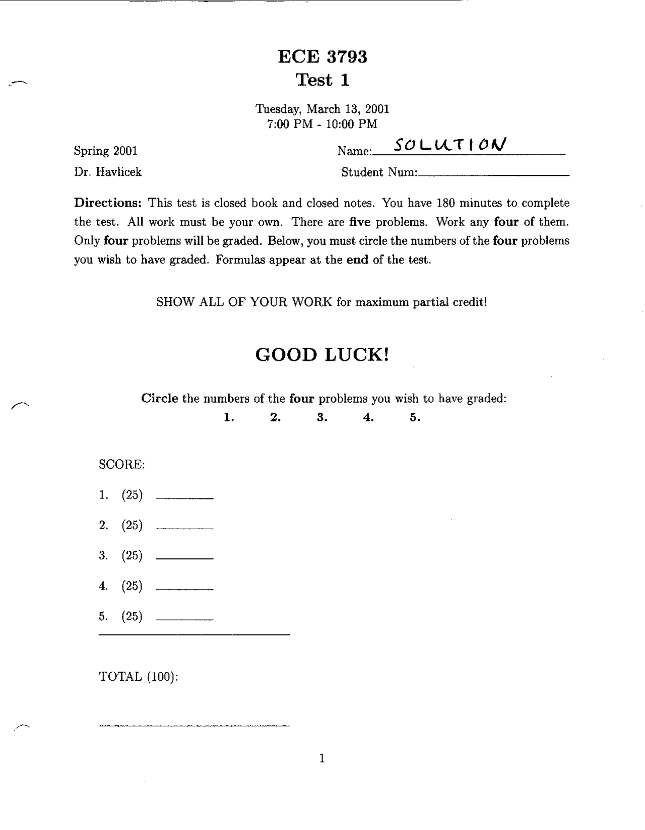 Sample Test 1 With Resolution Signals And Systems Ece 3793 Docsity