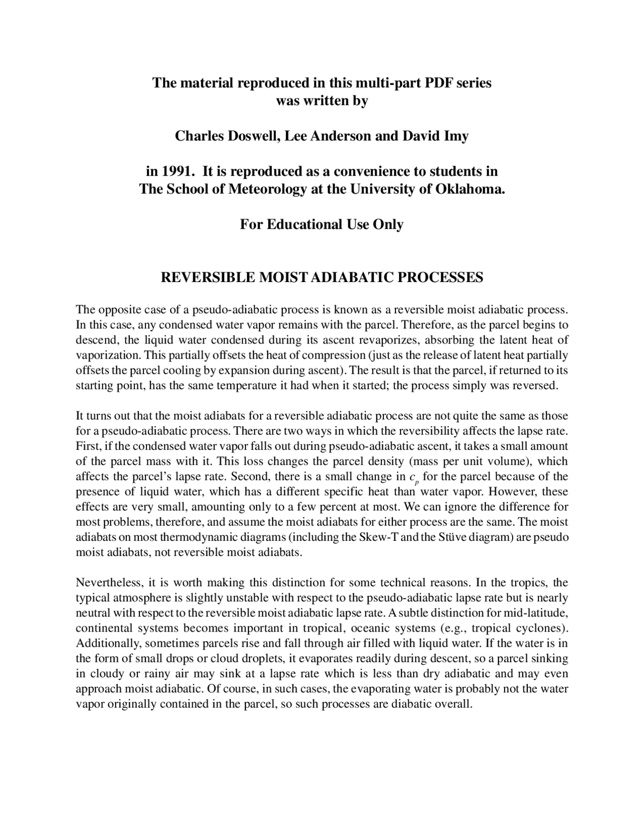 Notes On Reversible Moist Adiabatic Processes Metr 4424 Docsity