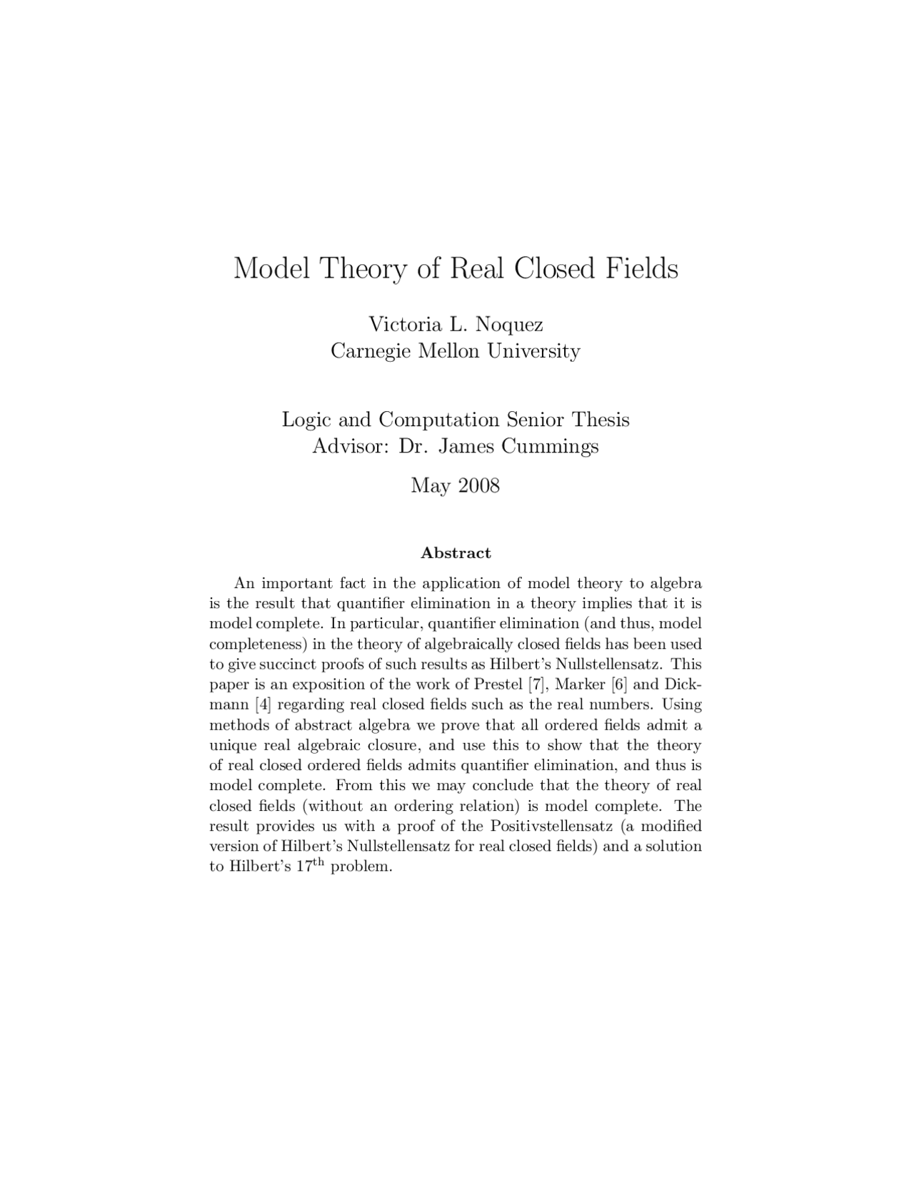 Model Theory of Real Closed Fields - Cryptography | MATH 0209A - Docsity