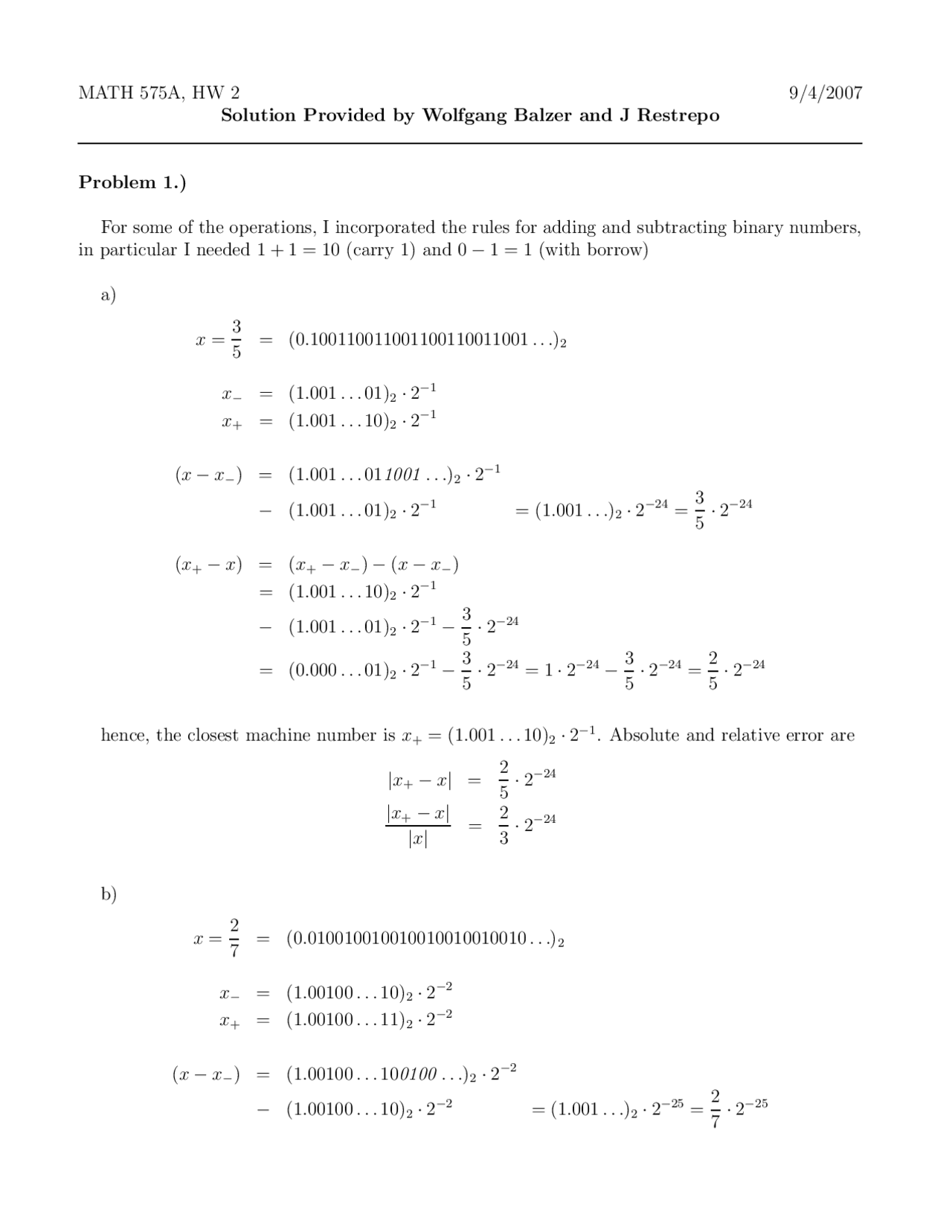 Homework 2 Solution Manual Numerical Analysis 2007 Math 575a Assignments Mathematical