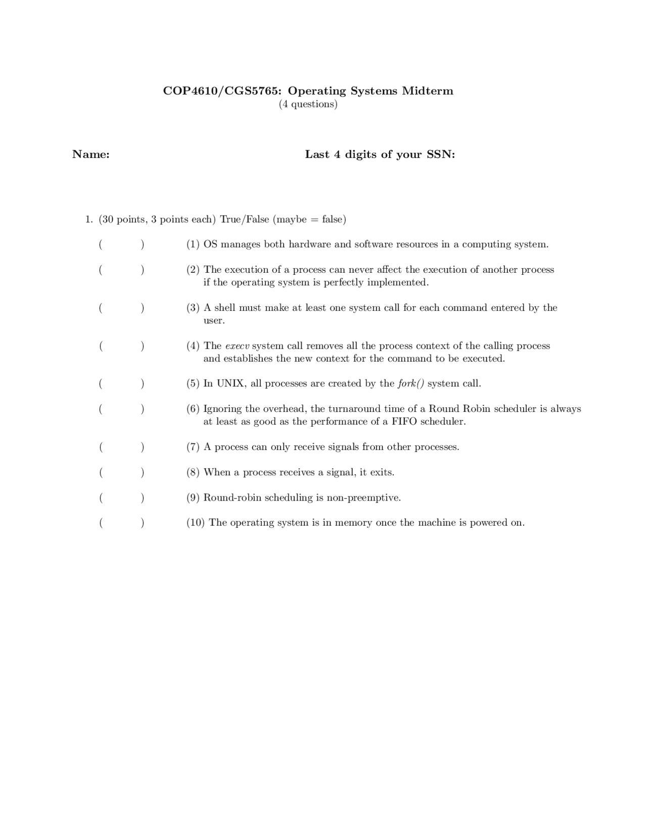 Operating Systems Midterm Exam Questions Cop 4610 Docsity