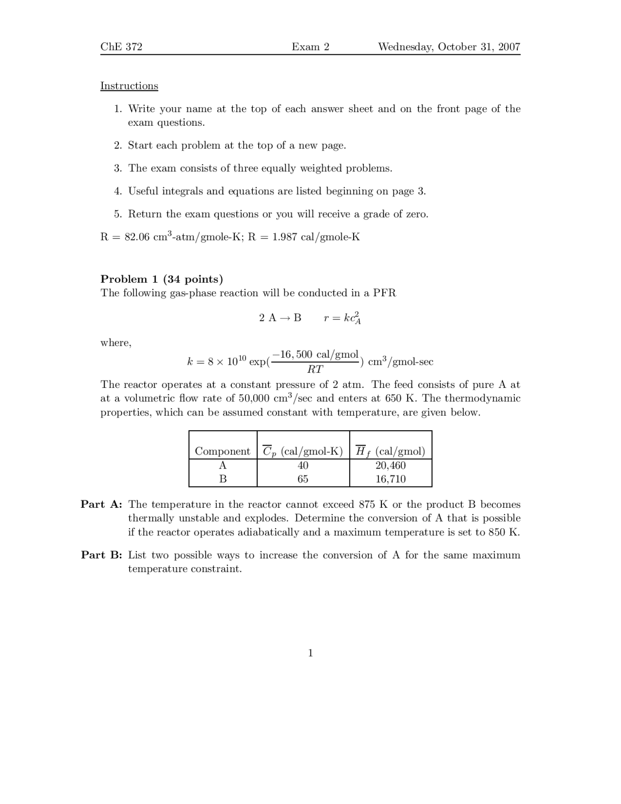 Test 2 Practice Questions On Chemical Reactor Analysis And Design Che