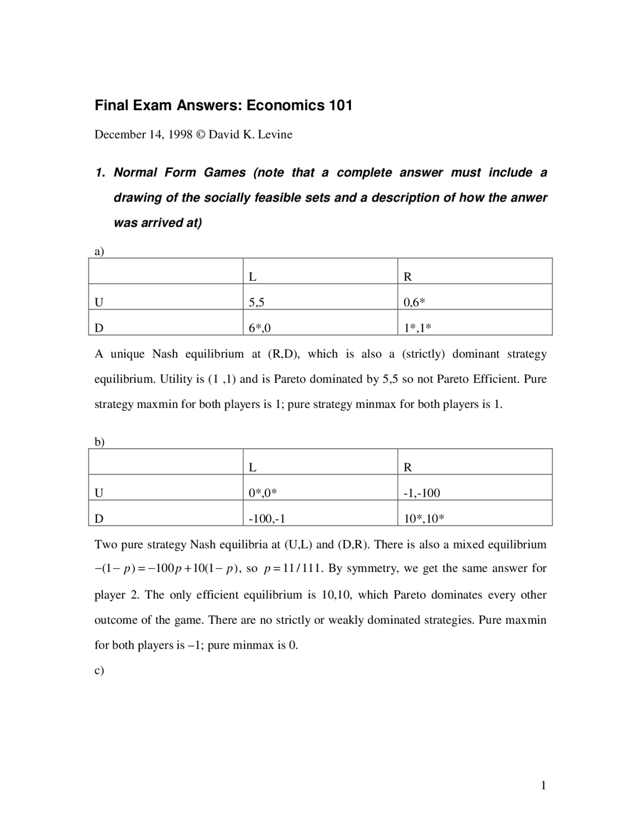 Microeconomic Theory Final Exam Answers 1998 Econ 101 Docsity