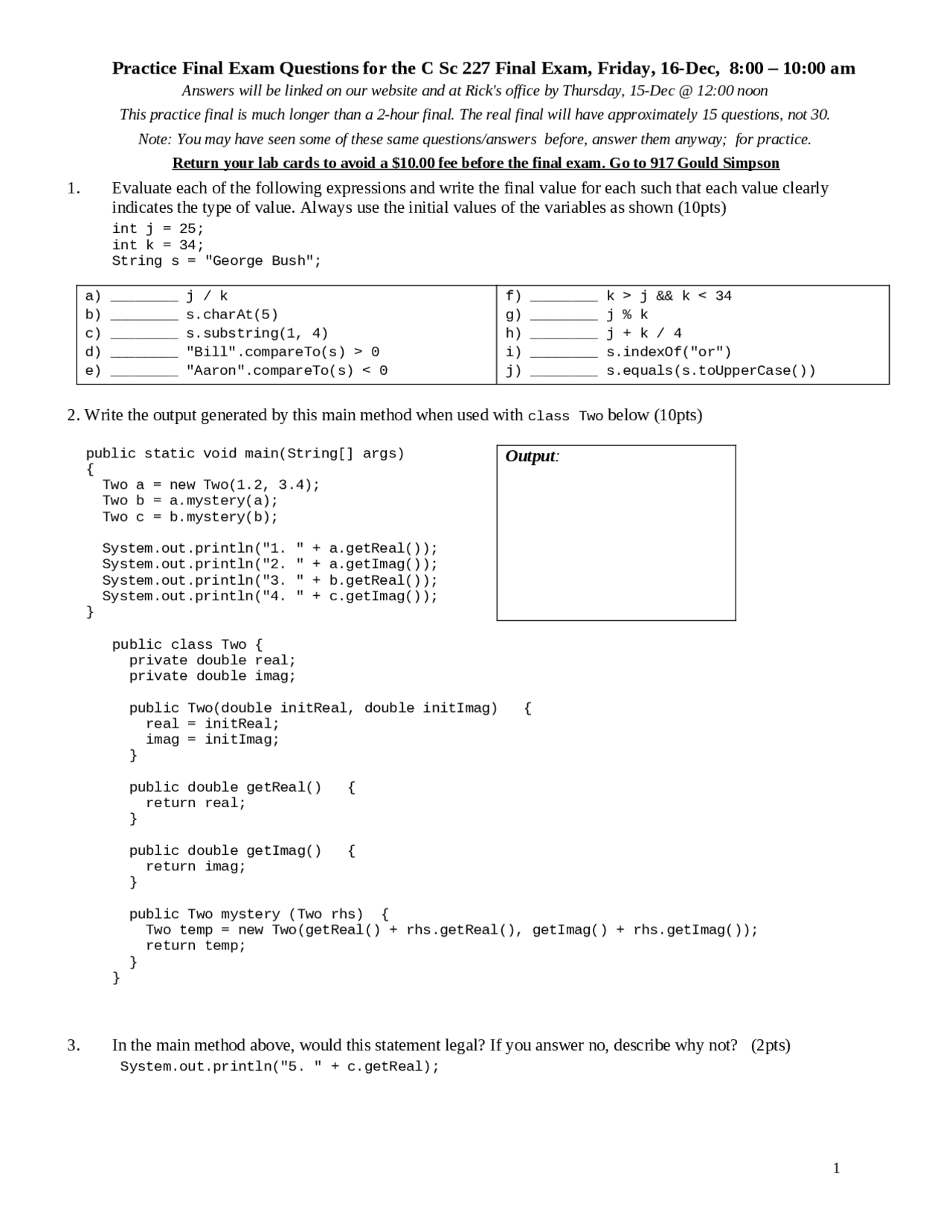 Practice Final Exam Questions Program Design And Development C Sc 227 Exams Computer
