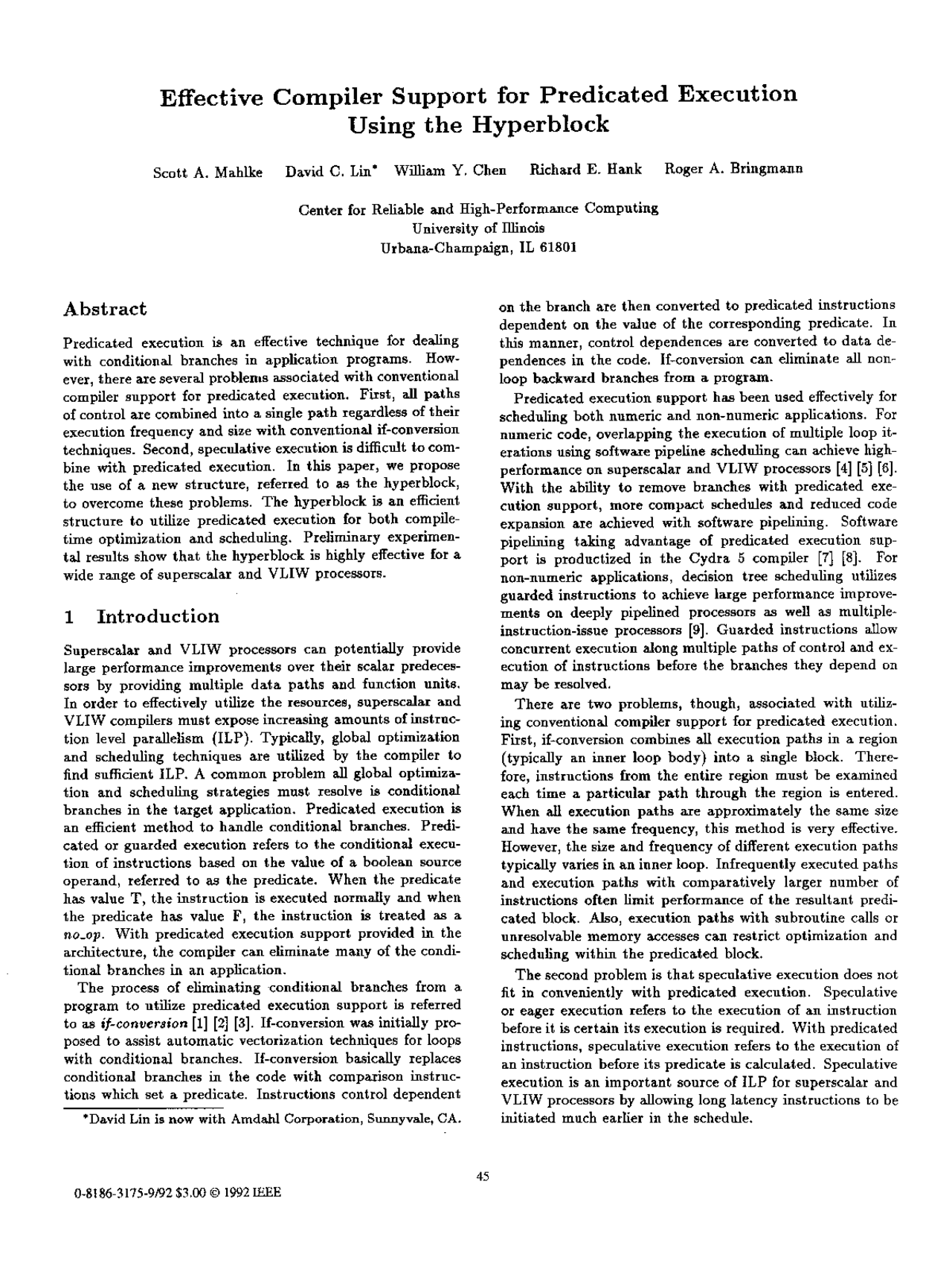 Effective Compiler Support For Predicated Execution Using The