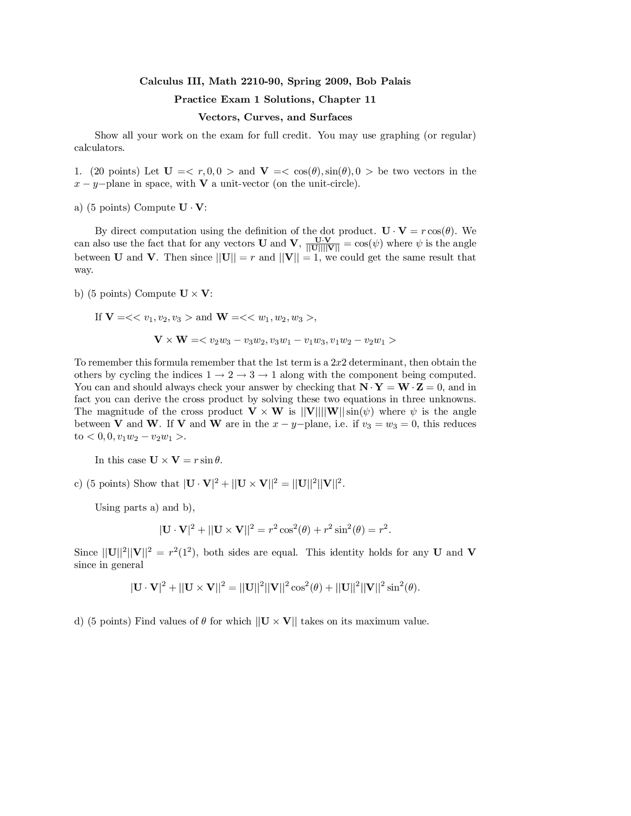 4 Solved Problems on Vector, Curve and Surfaces - Exam 1 | MATH 2210 - Docsity
