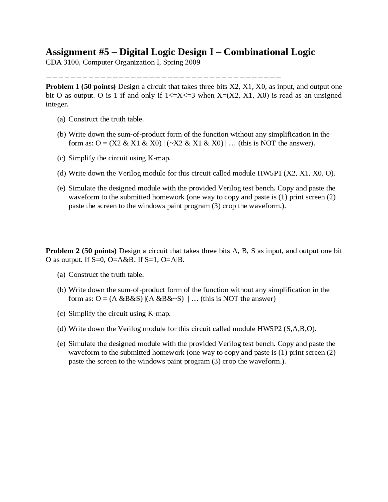 Assignment 5 Digital Logic Design I Combinational Logic Cda 3100