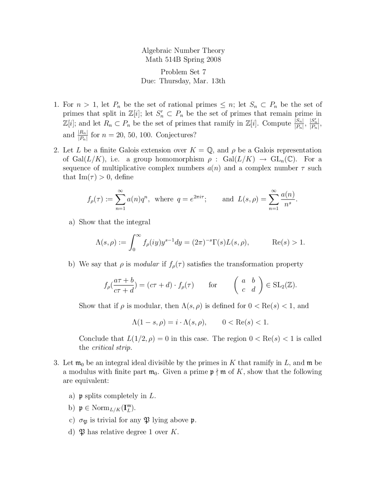 Algebraic Number Theory Problem Set 7 Math 514a Docsity
