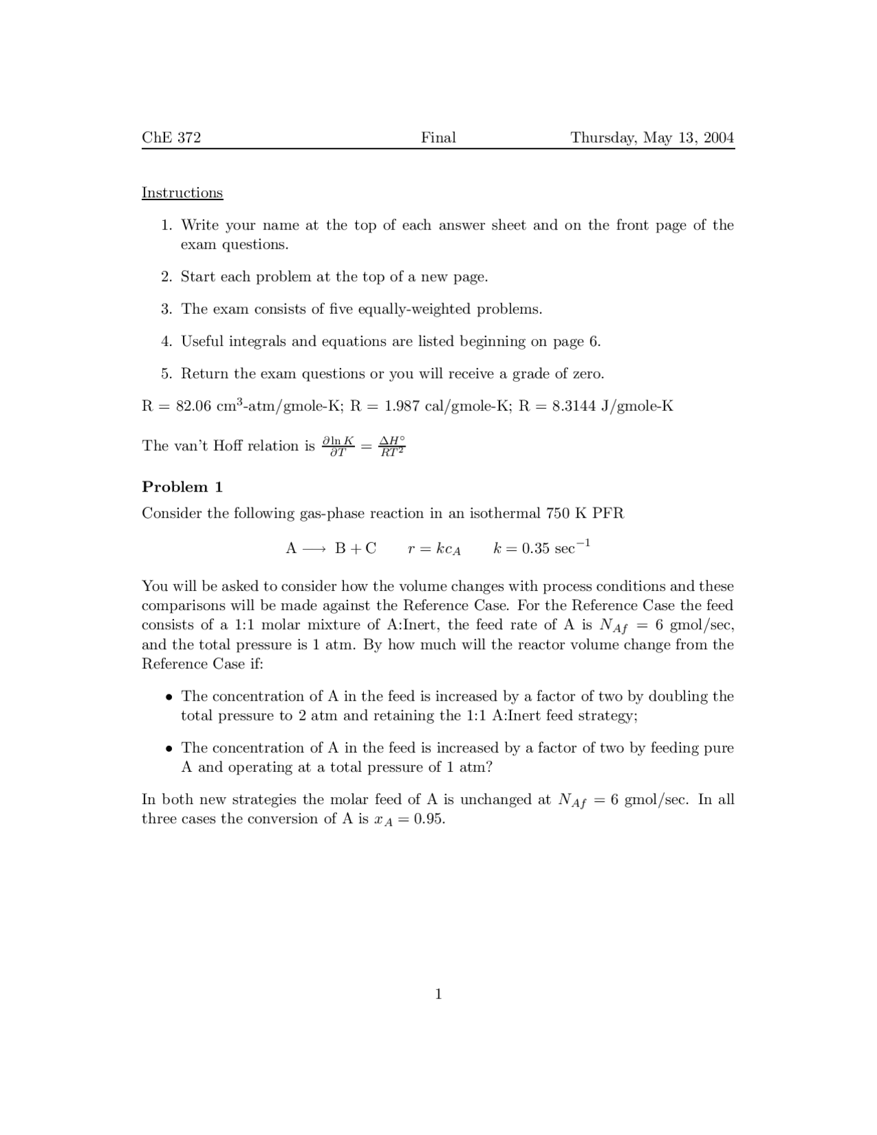 Final Exam For Chemical Reactor Analysis And Design Che 372 Docsity