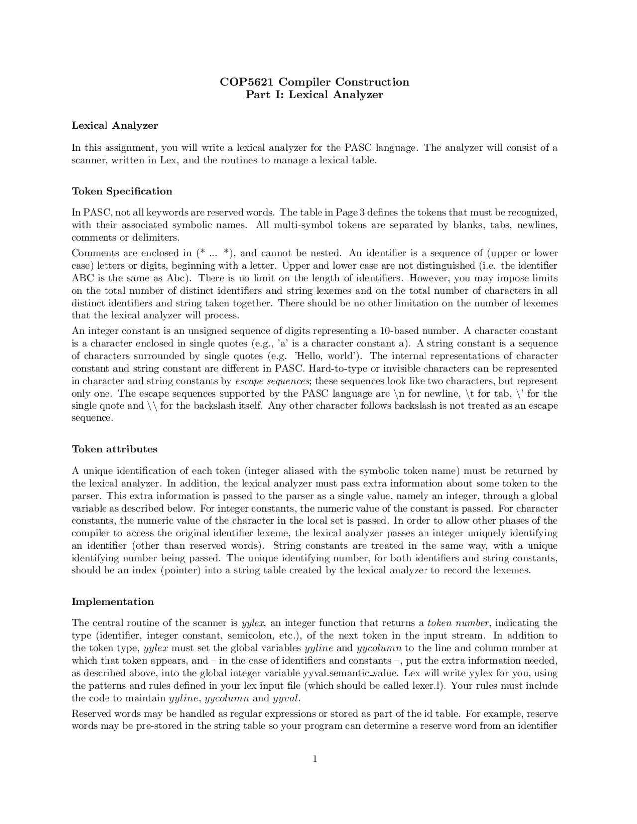 Compiler Construction Lexical Analyzer Assignment Notes Cop 5621 Docsity