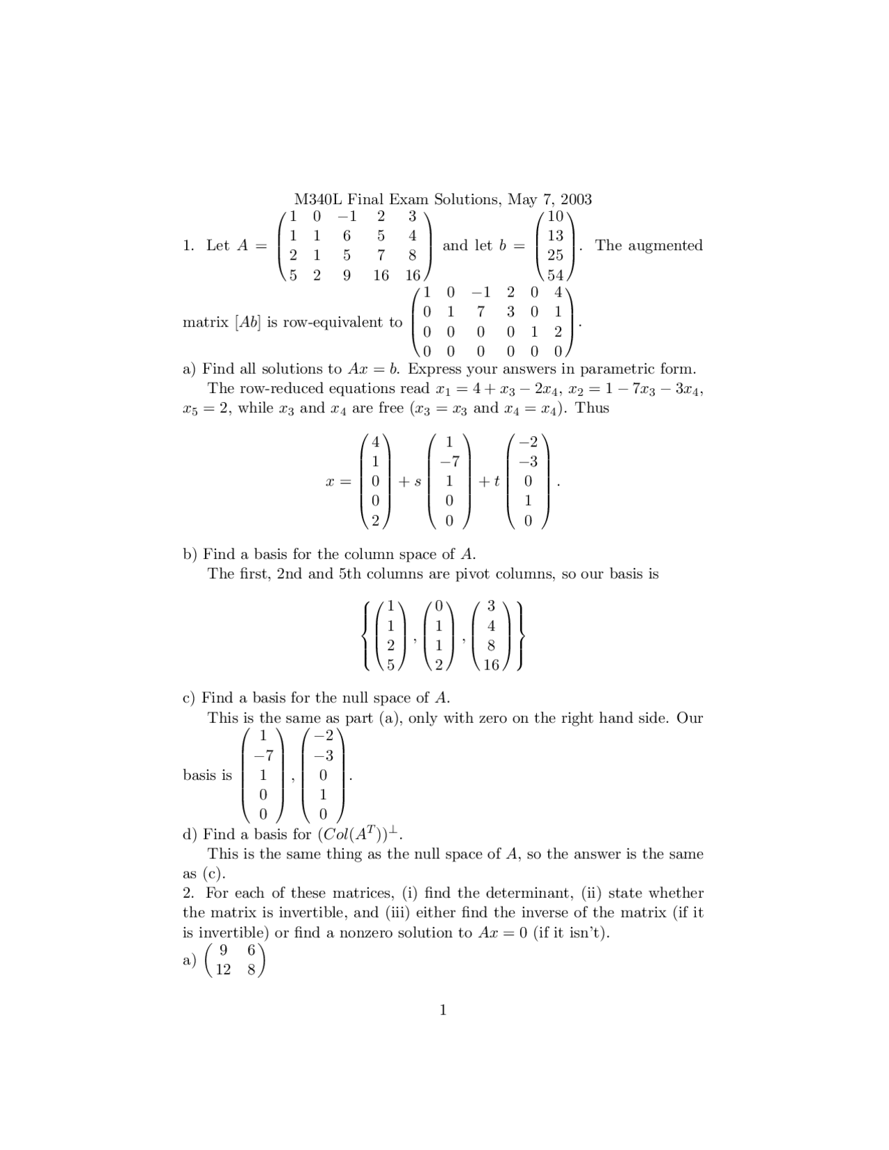7 Solved Questions On Matrices Final Examination M 340l Docsity