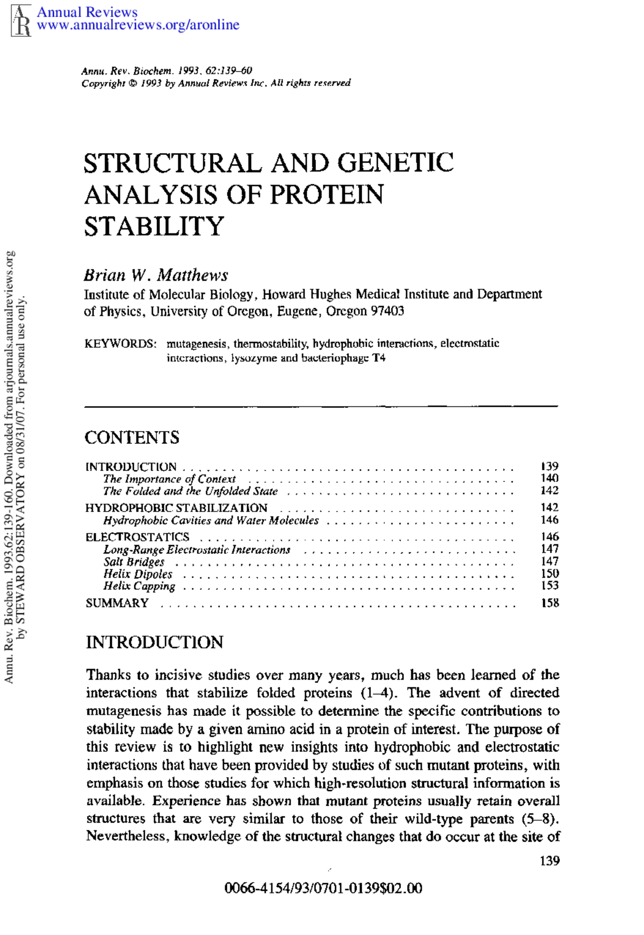 Structural and Genetic Analysis of Protein Stability | BIOC 565 - Docsity