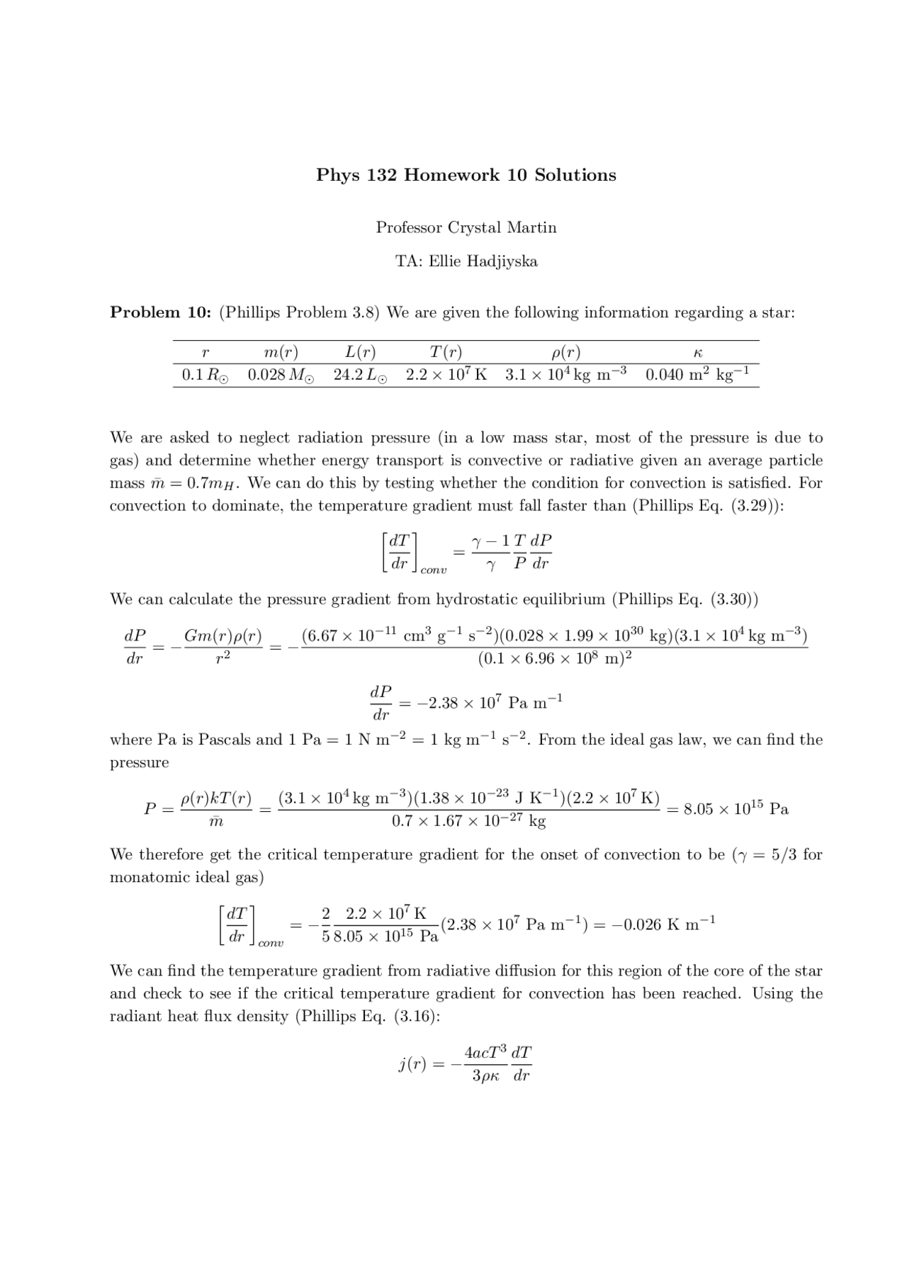 Homework 10 Solutions Stellar Structure And Evolution Phys 132