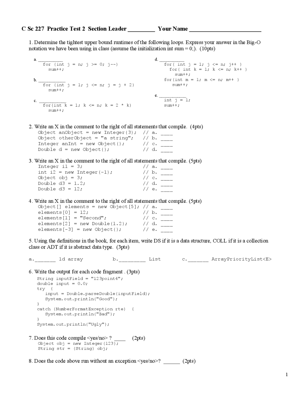 Practice Test 2 With Answers Program Design And Development C Sc 227 Docsity