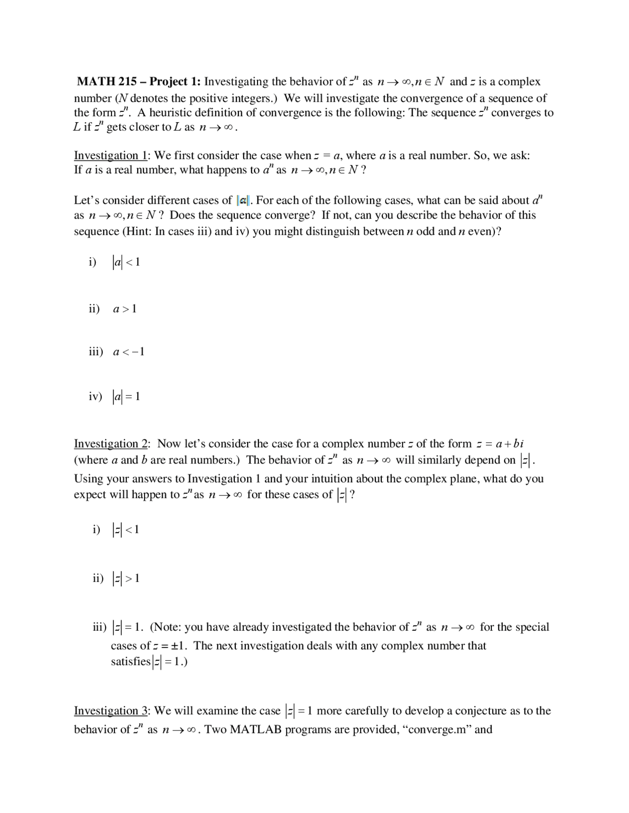 Project 1 Investigating The Behavior Introduction To Linear Algebra