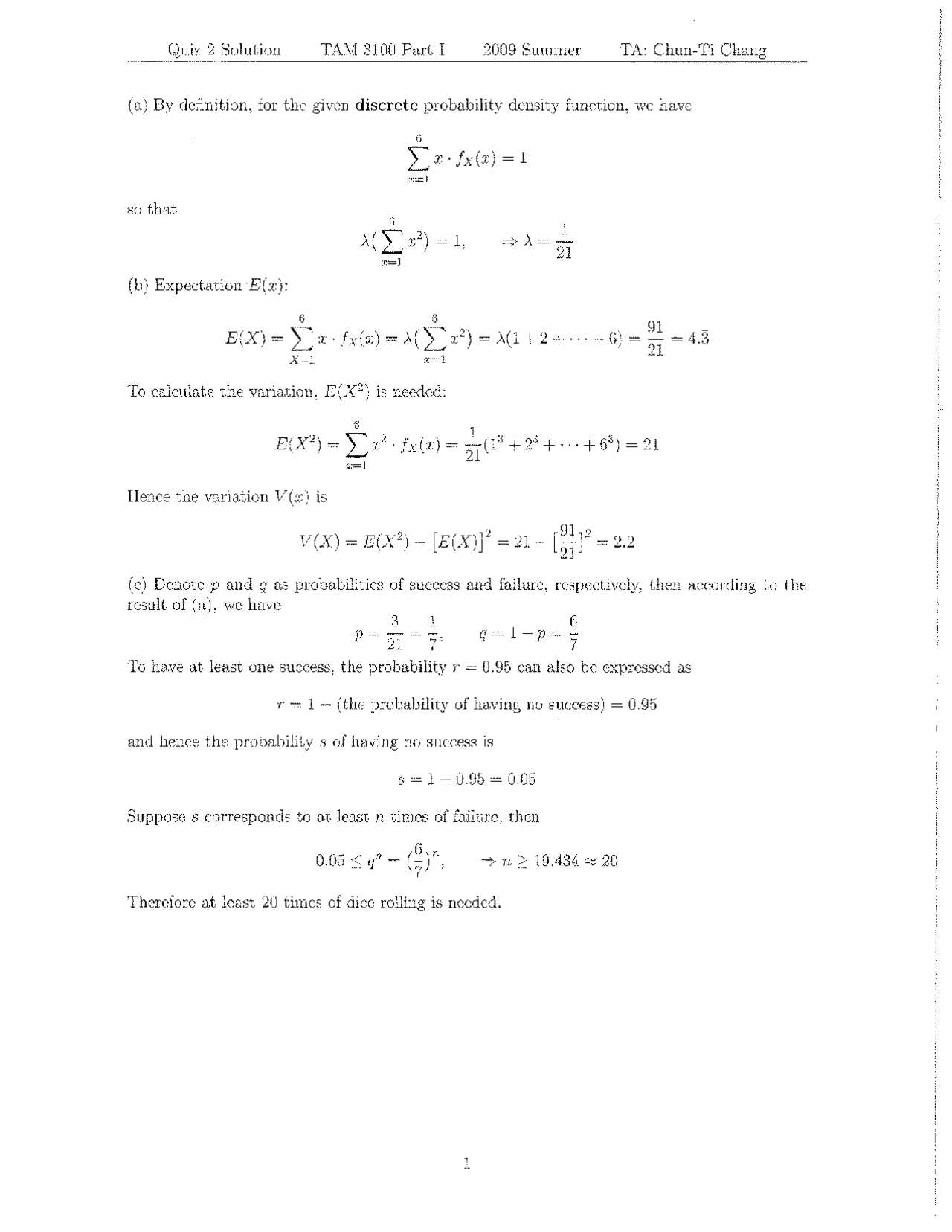 Quiz 2 Solutions Introduction To Applied Mathematics I Tam 3100