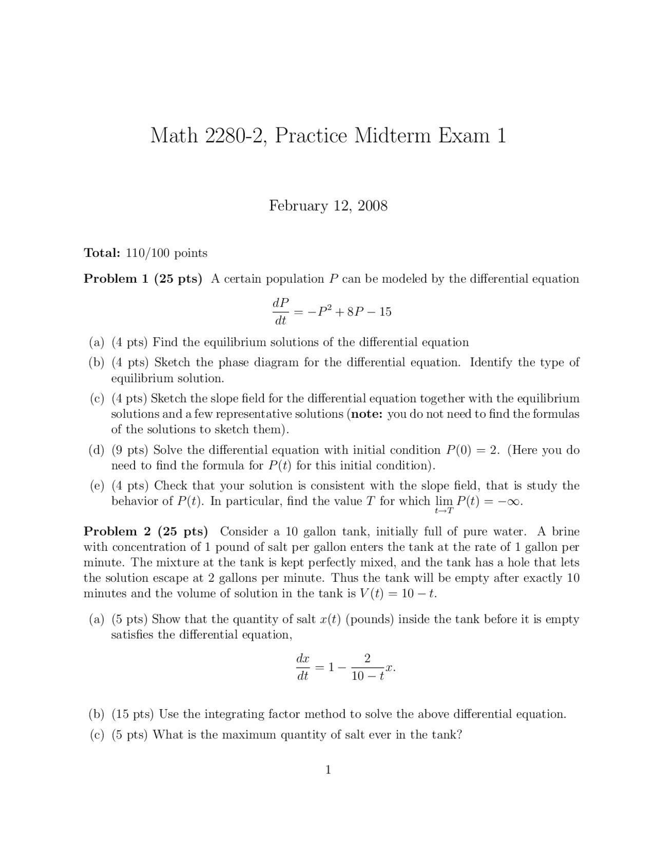Math 2280-2, Practice Midterm Exam 1 Solutions | Exams Mathematics | Docsity