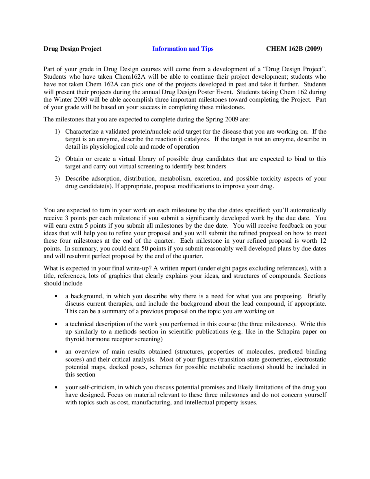 Drug Design Project - Information and Tips | CHEM 162A - Docsity