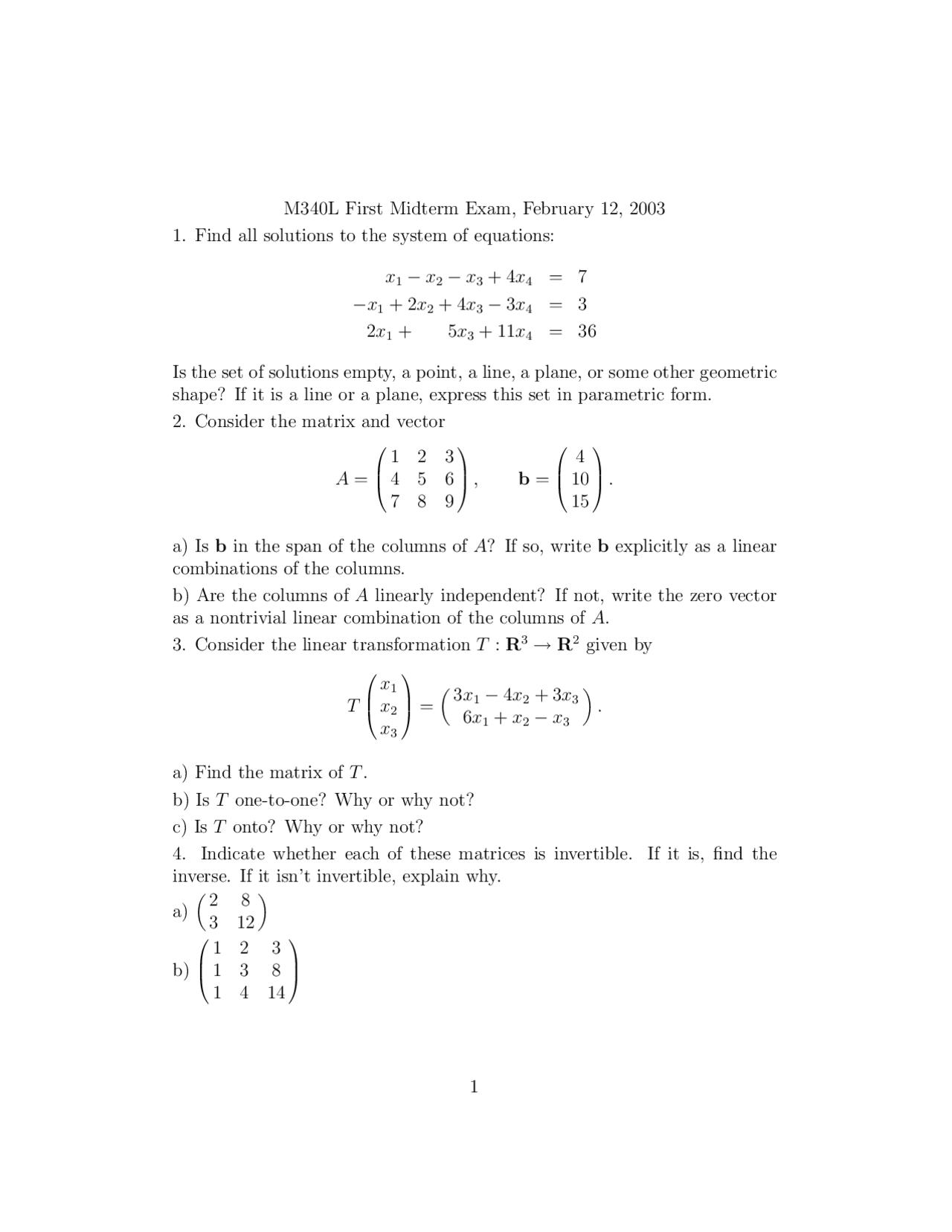 Midterm Exam Questions Matrices And Matrix M 340l Docsity