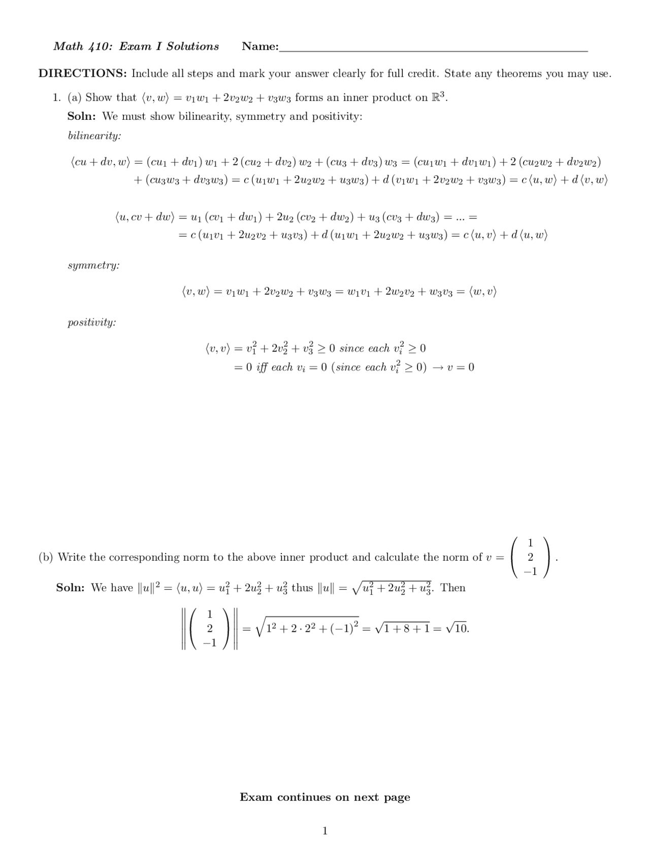 Matrix Analysis Exam 1 Questions With Solutions Math 410 Docsity