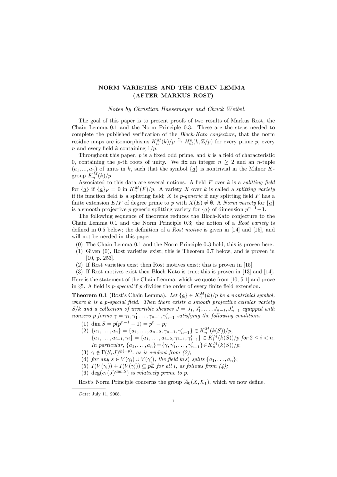 Norm Varieties and The Chain Lemma - Cryptography | MATH 0209A - Docsity