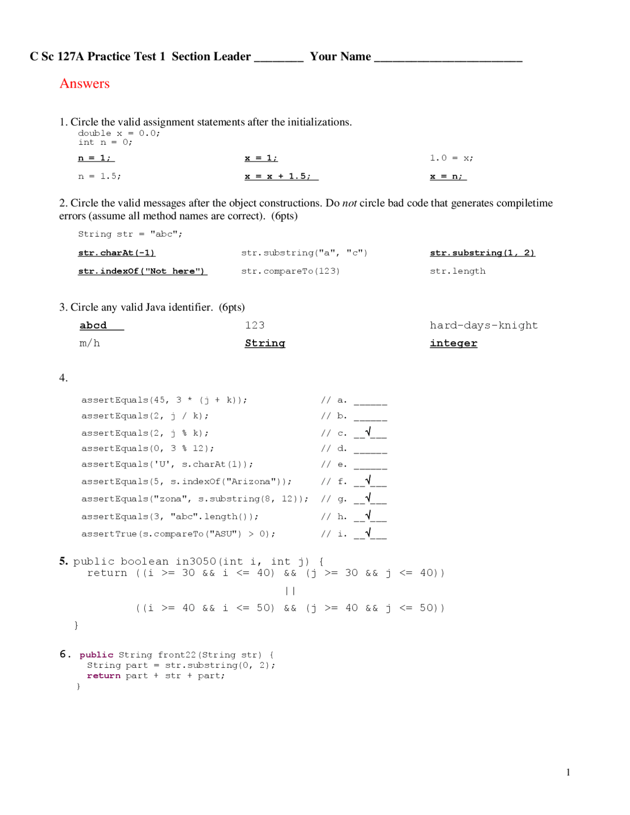 Practice Test 1 With Answers Introduction To Computer Science C Sc 127a Docsity