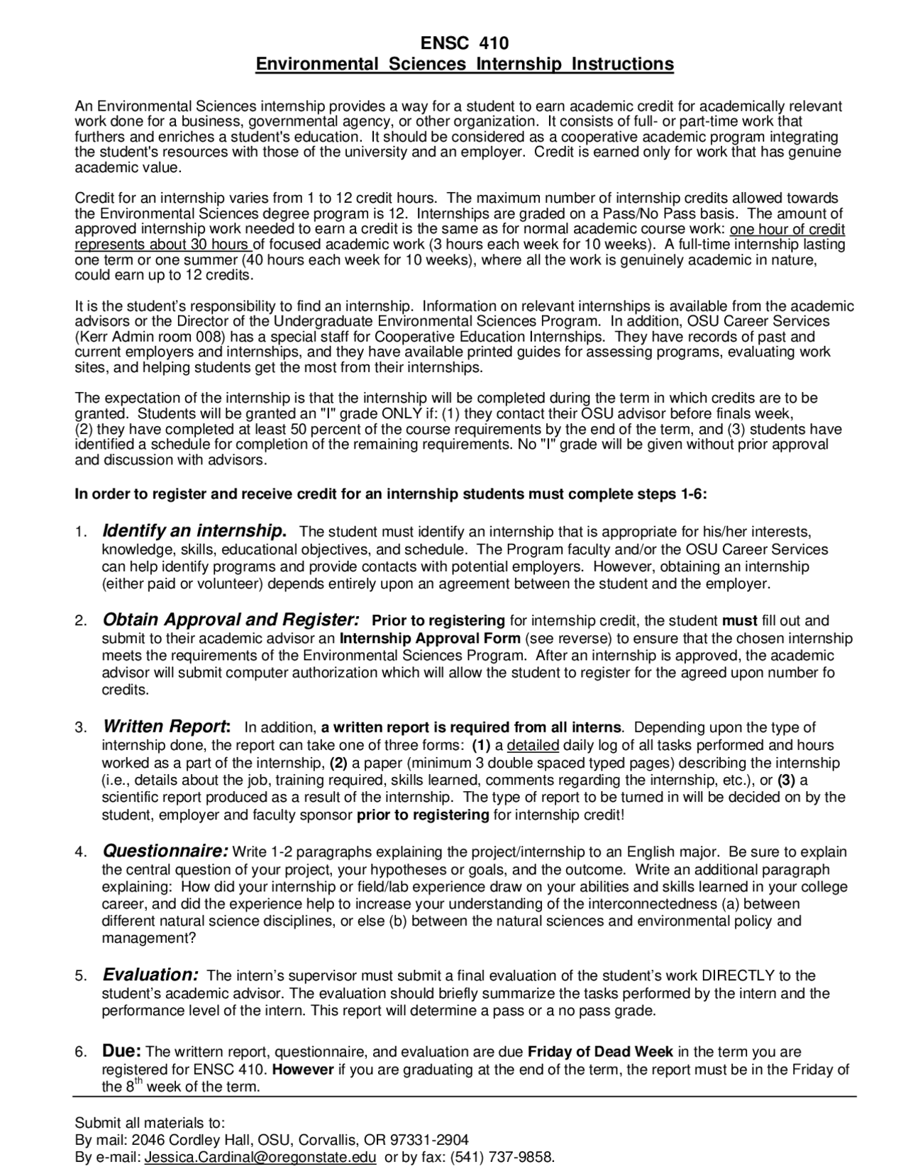 Environmental Sciences Internship Instructions Ensc 410 Docsity