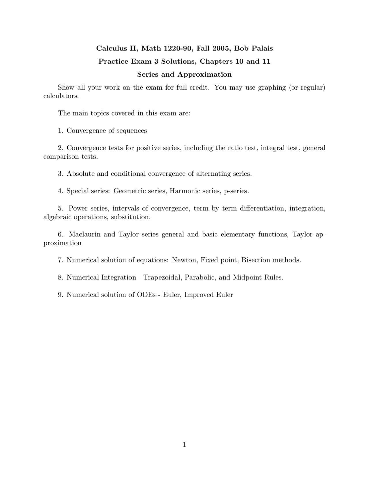 Series And Approximation Practice Exam 3 Solutions Calculus Ii