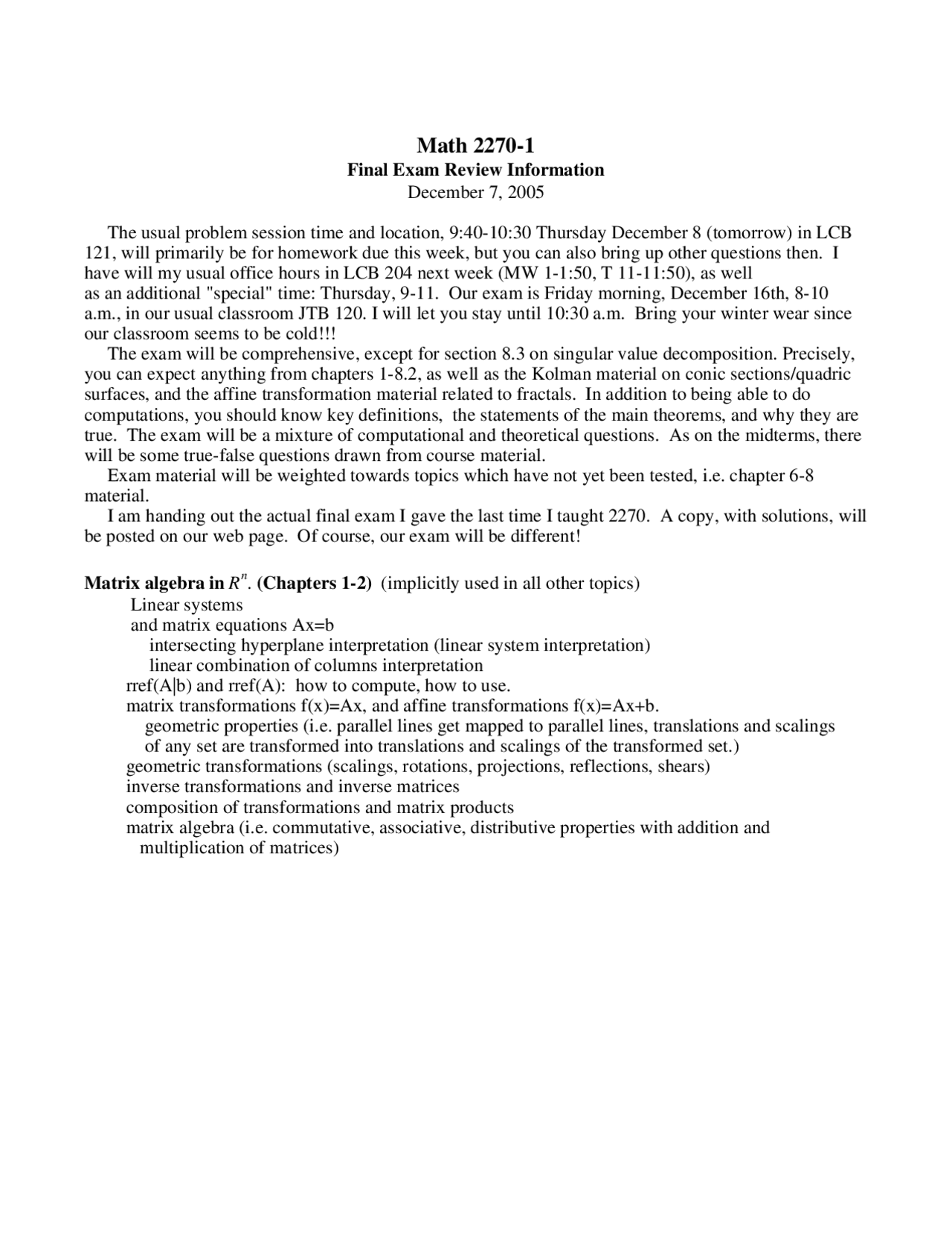 Final Exam Review Information - Linear Algebra | MATH 2270 | Exams ...