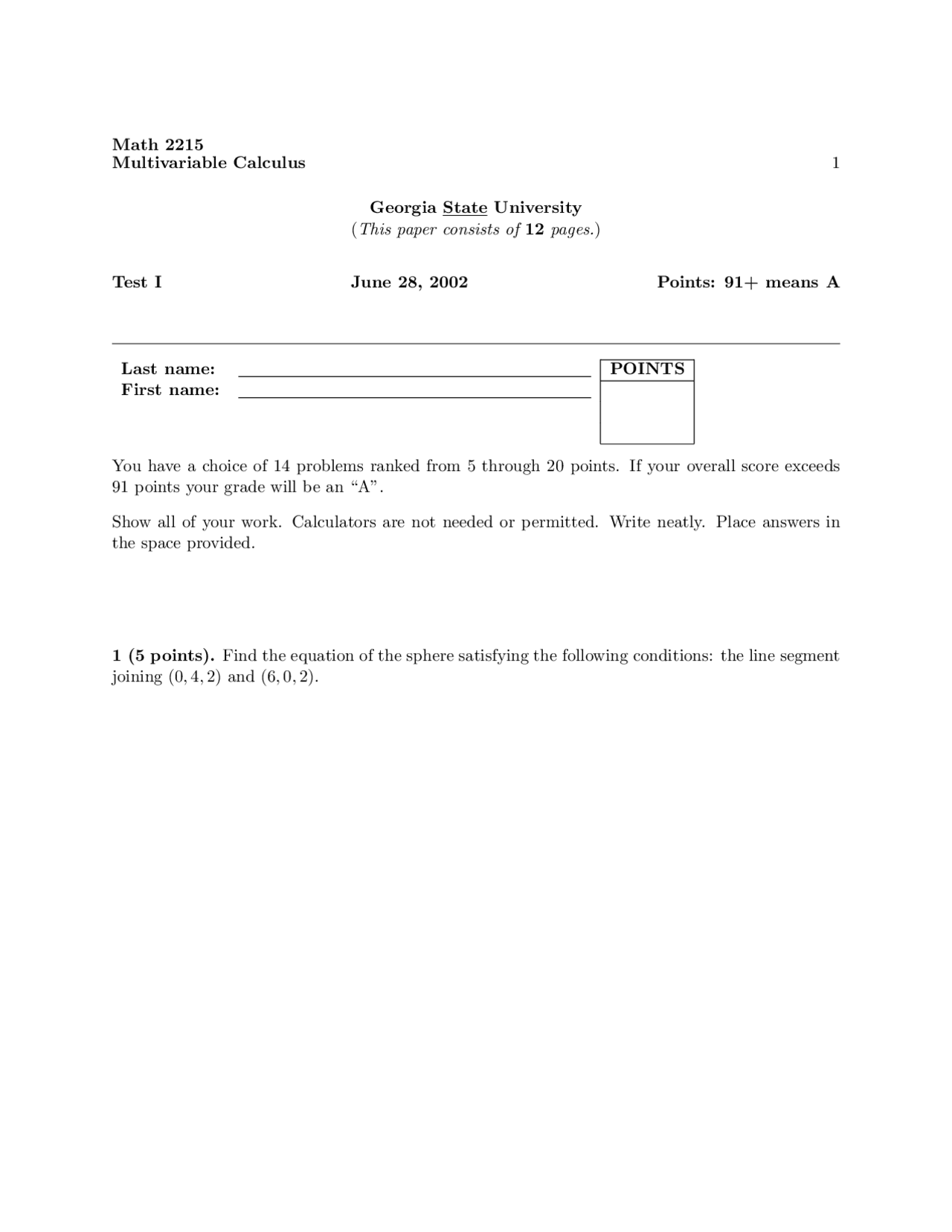 Old Exam Unsolved Questions Multivariable Calculus Math 2215 Docsity