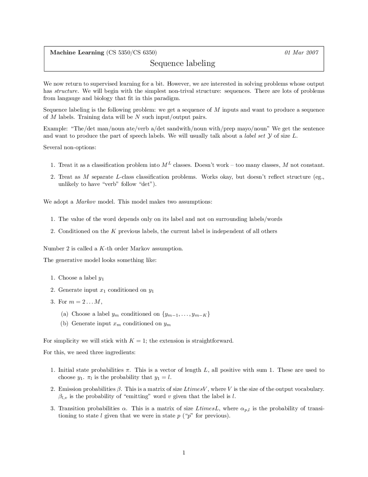 Machine Learning Sequence Labeling Notes Cs 5350 Docsity