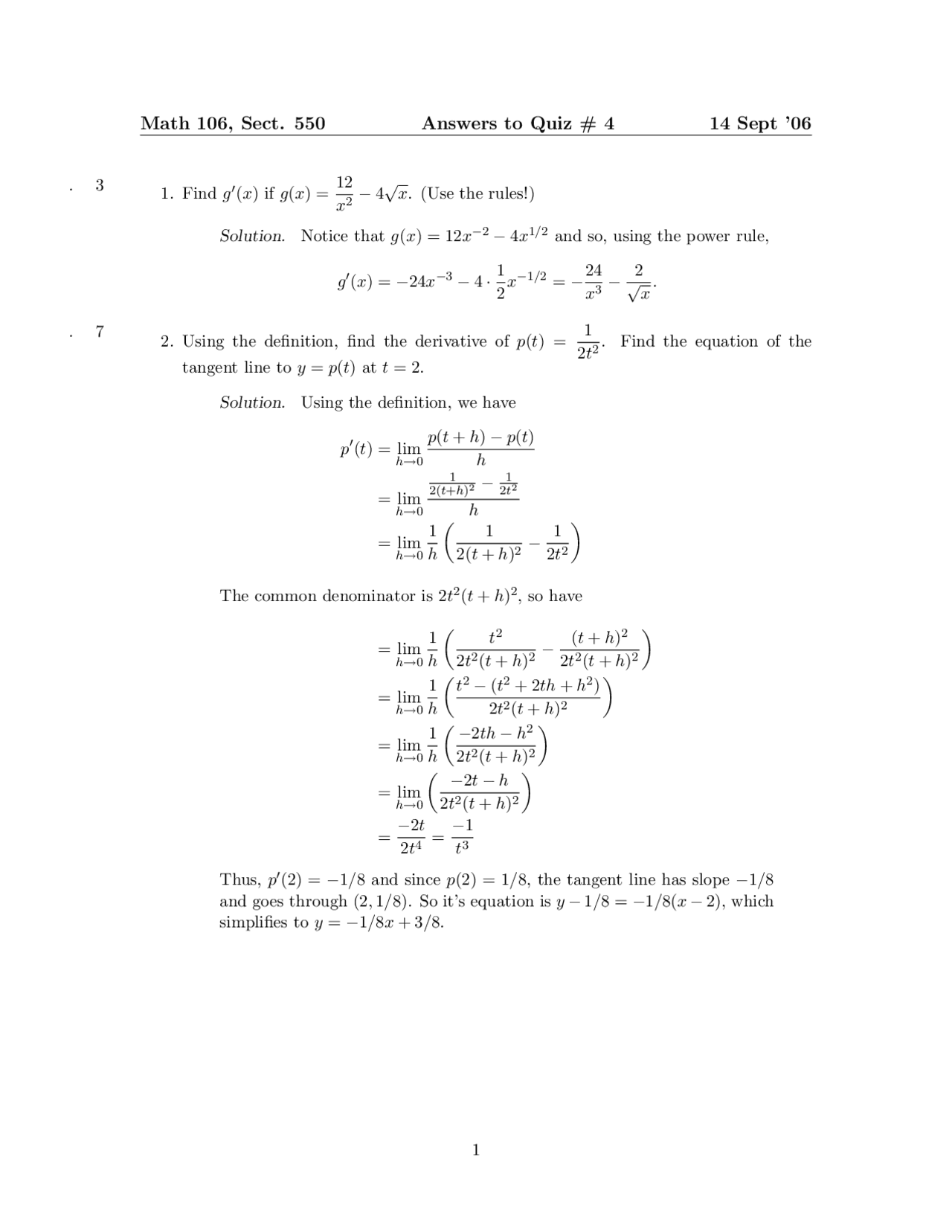 Analytical Geometry And Calculus I Solved Quiz 4 Math 106 Docsity