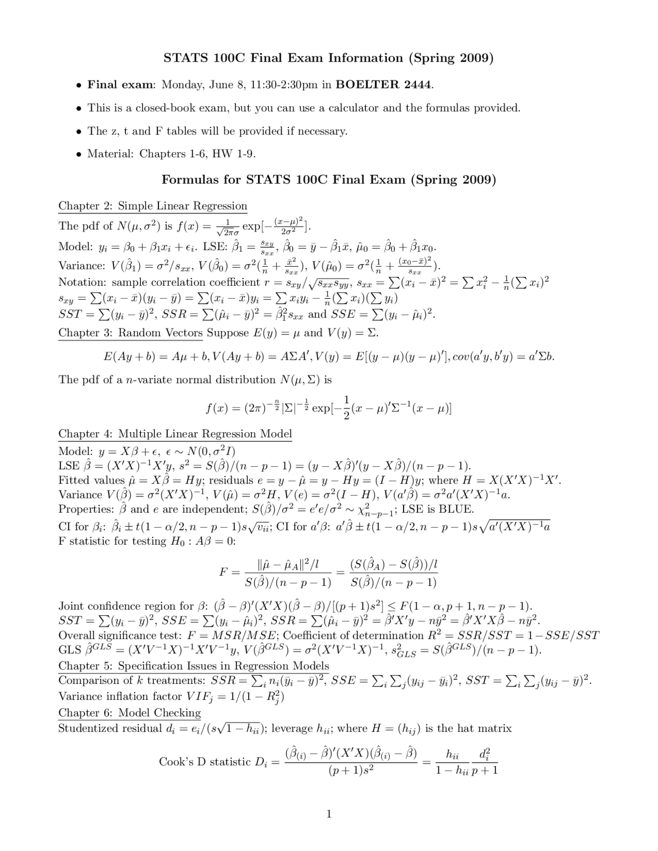 Simple Linear Regression Regression Analysis Final Exam Information