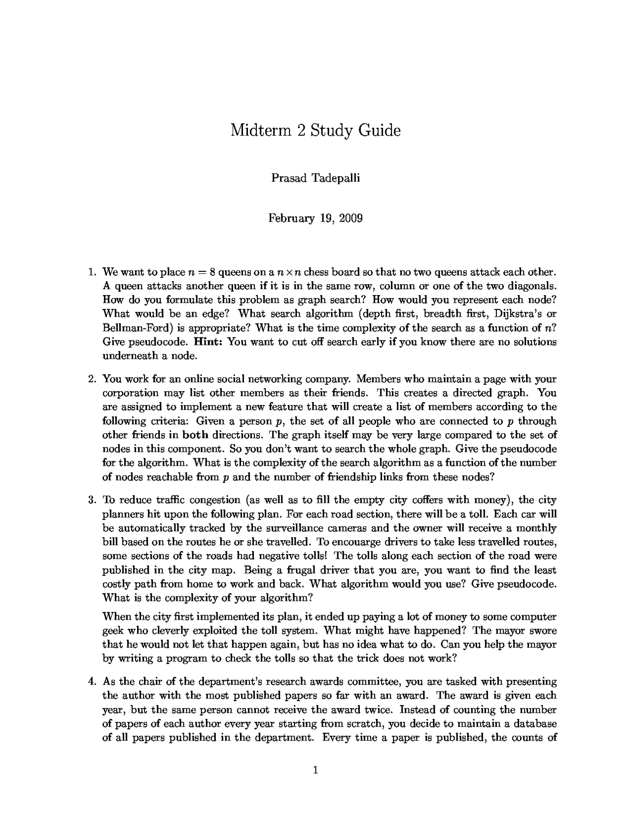 Midterm Exam 2 Study Guide - Analysis of Algorithms | CS 325 - Docsity