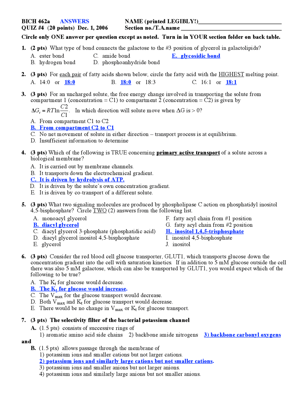 Quiz Answers for BICH 462: Lipid Biochemistry | Quizzes Biochemistry ...
