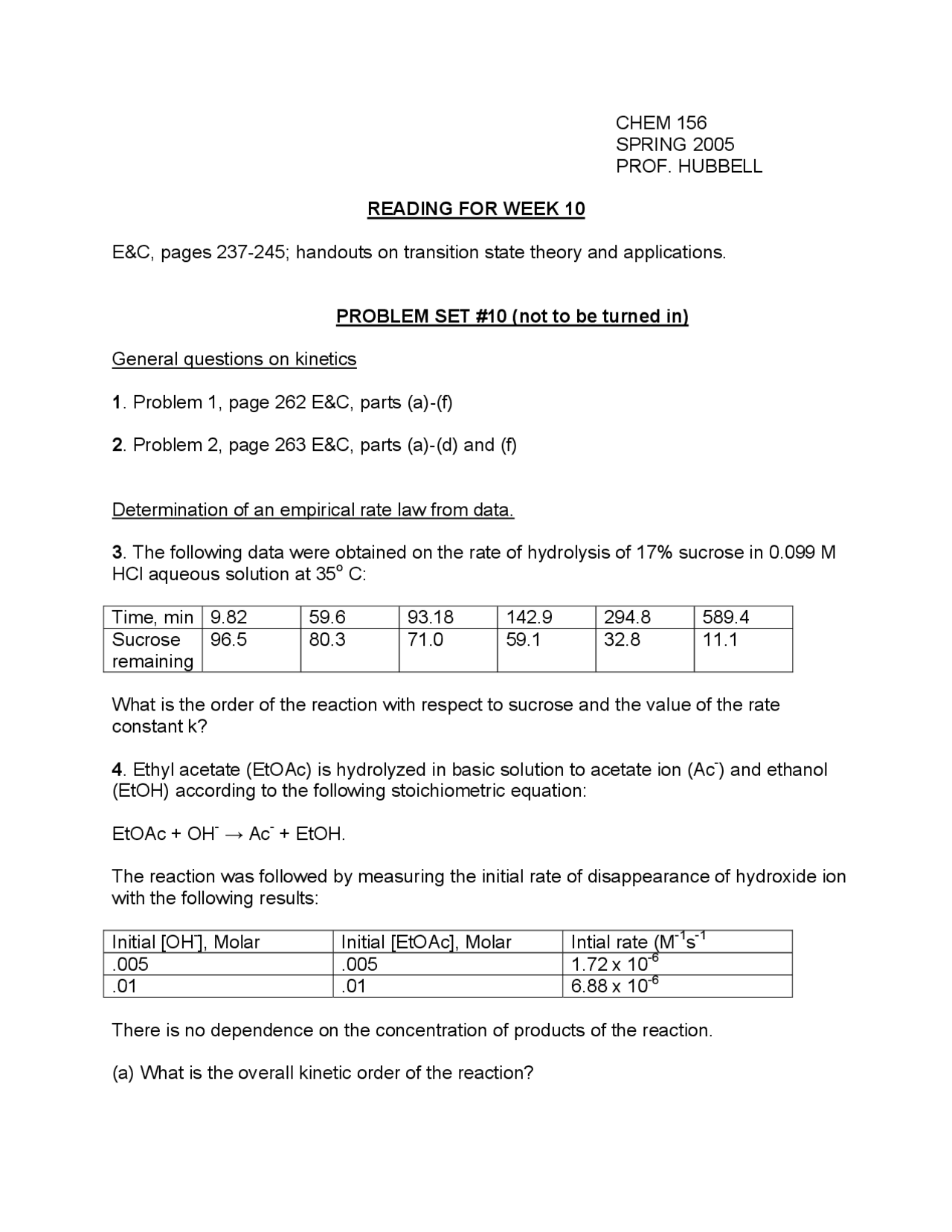 Problem Set 10 Physical Biochemistry Chem 156 Docsity