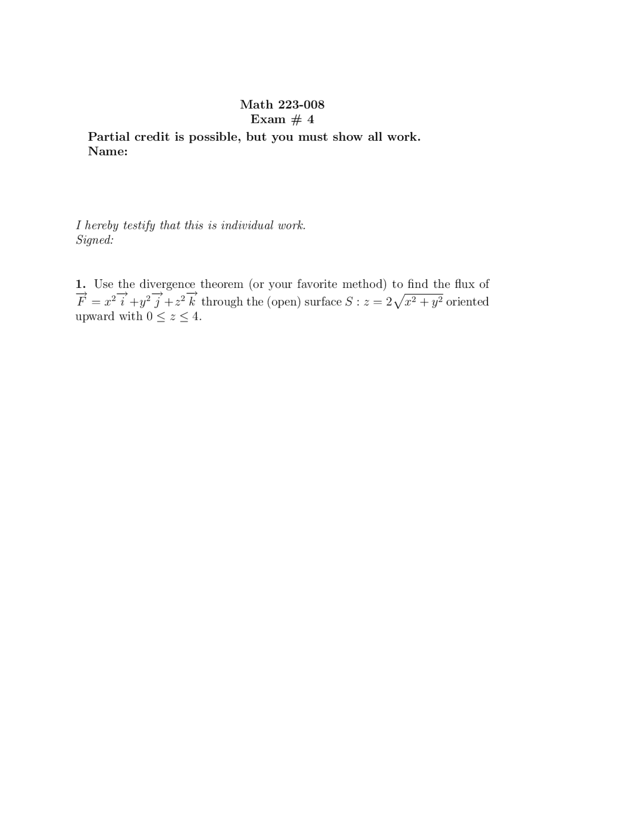 Exam 4 Questions Vector Calculus Math 223 Docsity