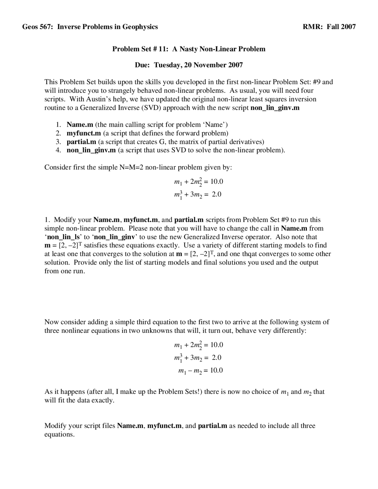 Problem Set 11 A Nasty Nonlinear Problem Geos 567 Docsity
