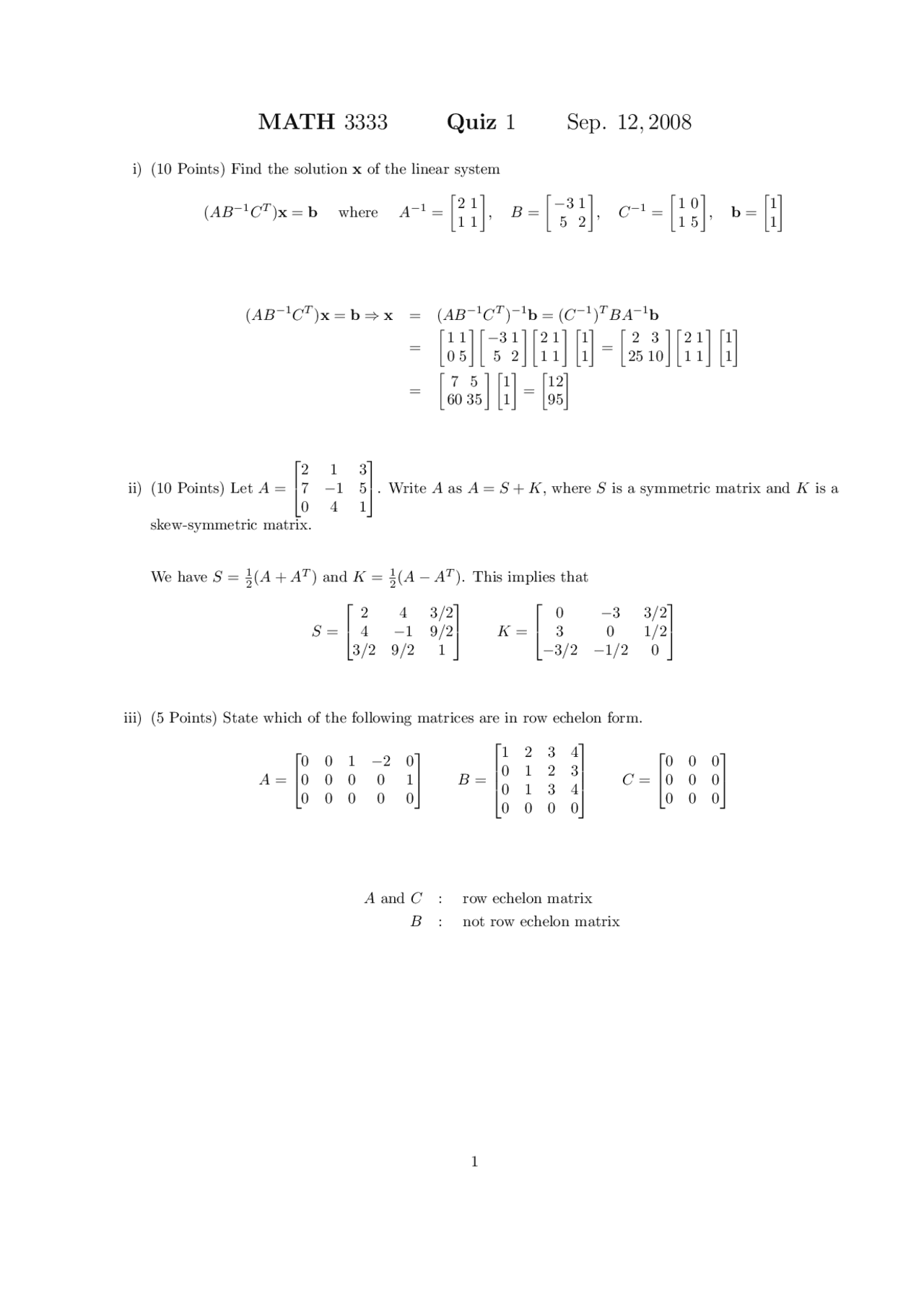 Linear Algebra I - Resolution for Quiz 1 | MATH 3333 - Docsity