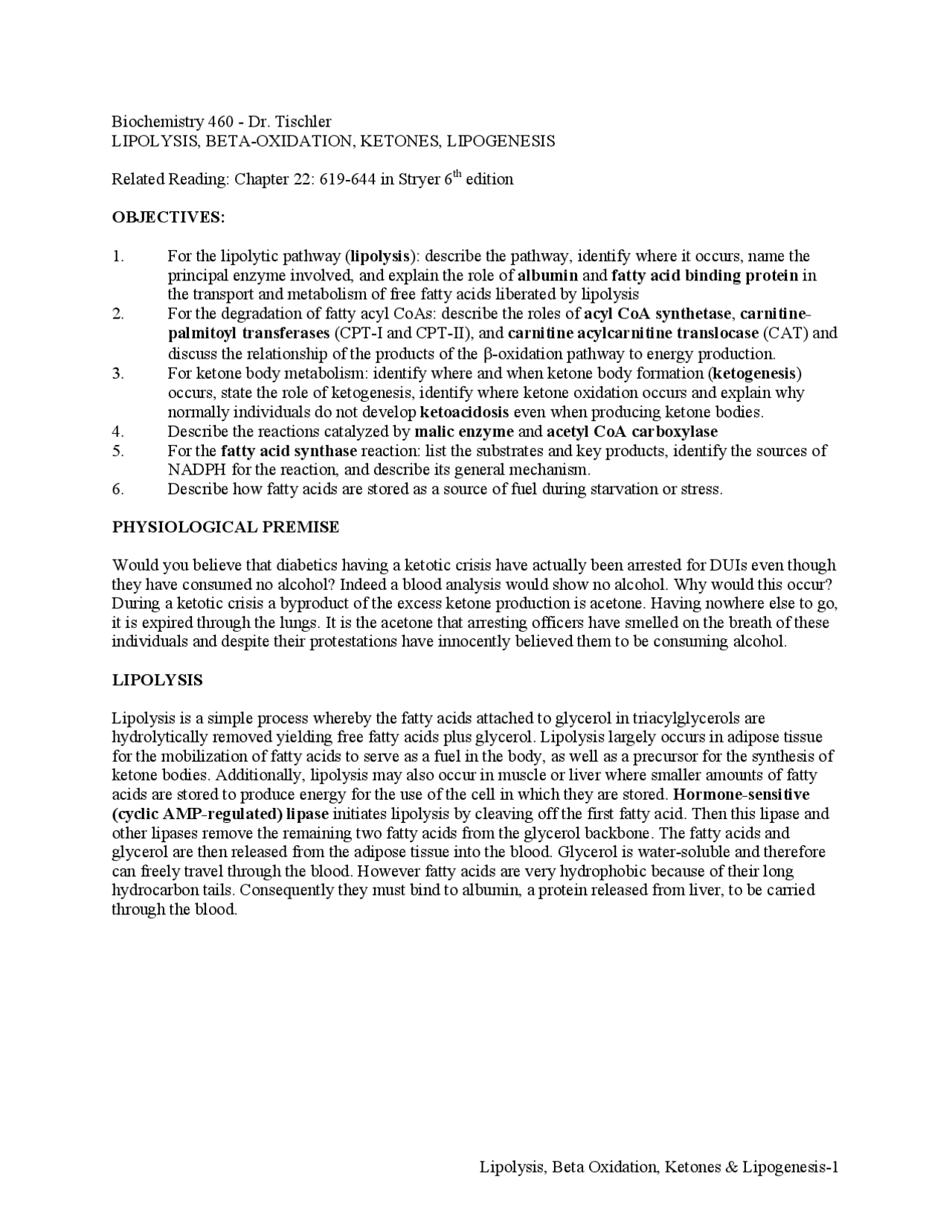 Biolysis, Beta Oxidation, Ketenes and Lip genesis - Notes | BIOC 460 ...