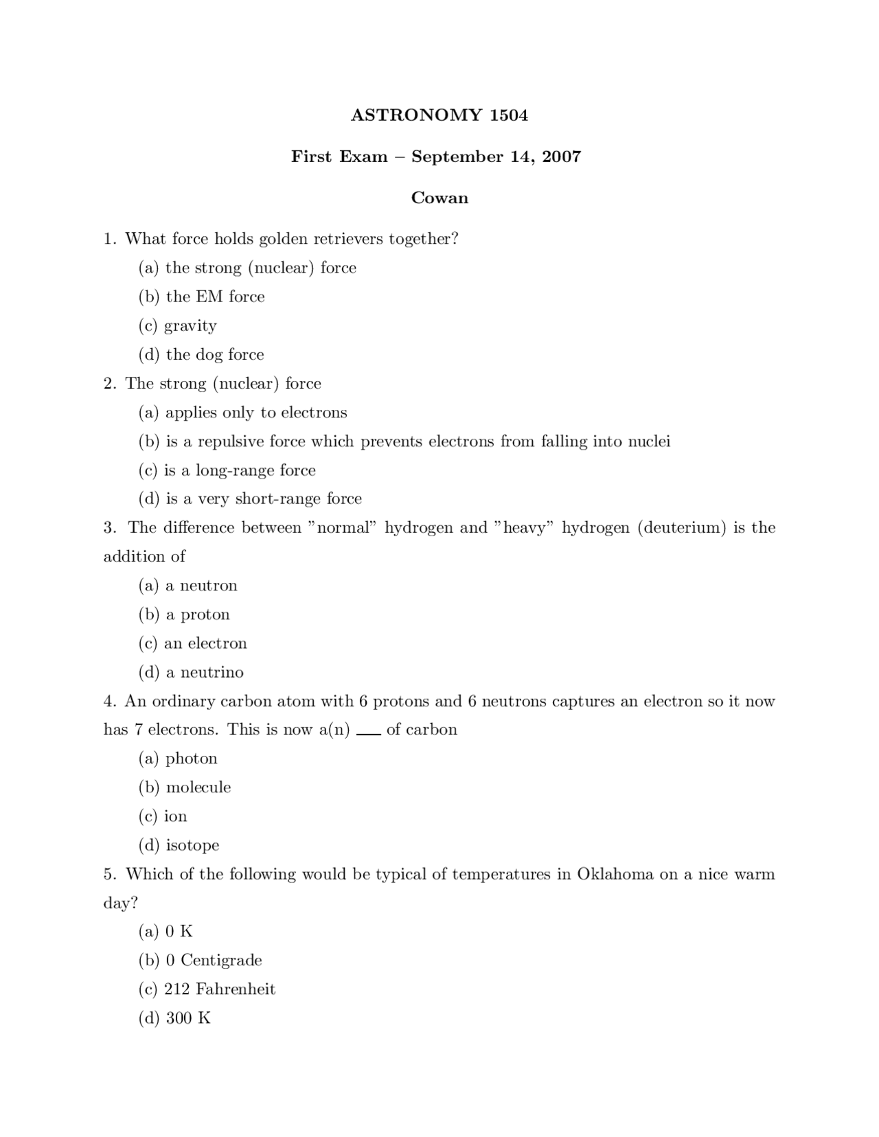 Unsolved Exam Astronomy Exploring The Universe Astr 1504 Docsity