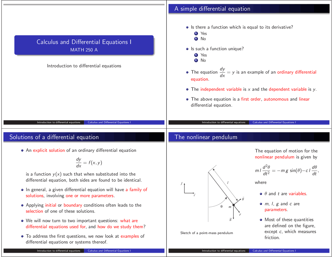 Introduction To Differential Equations Lecture Slides Math 250a